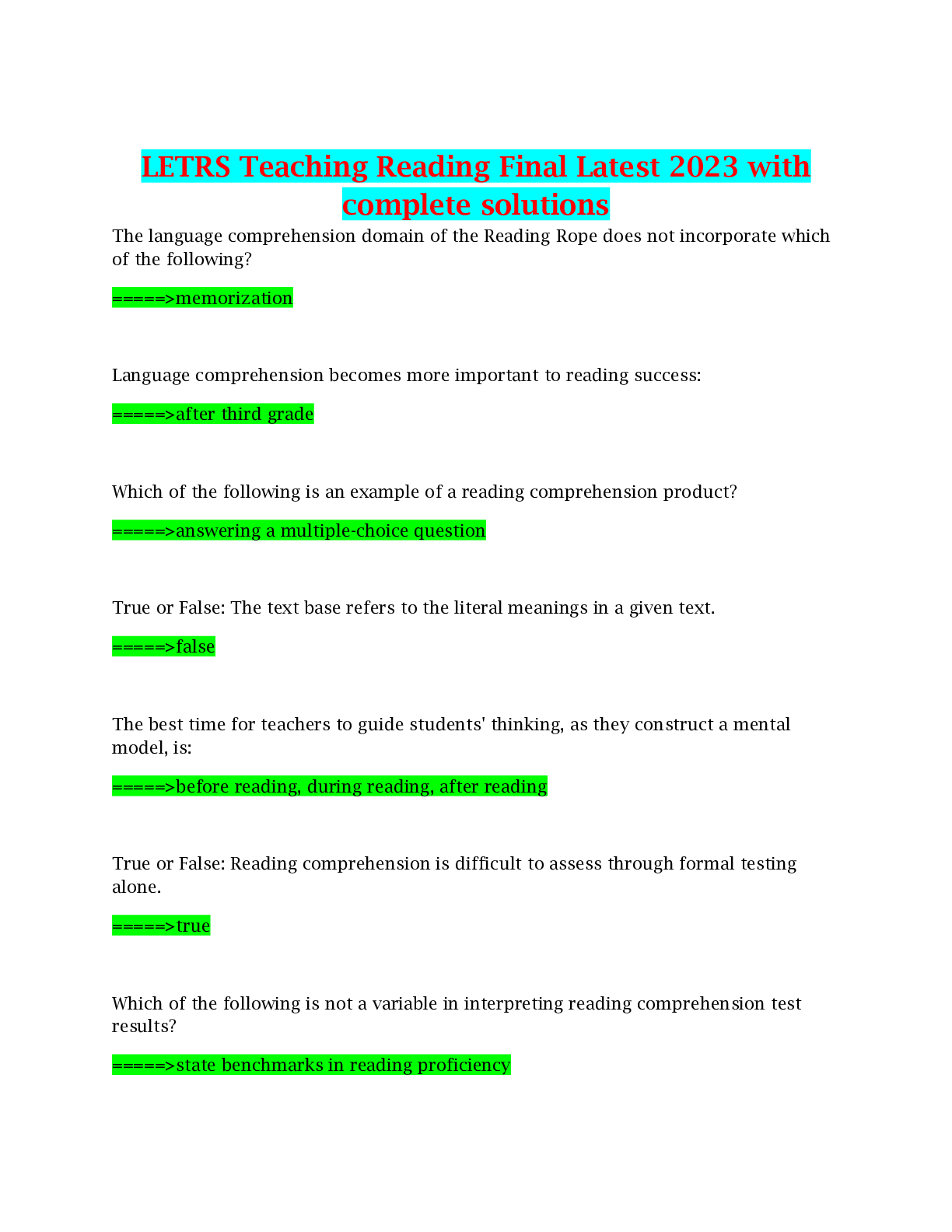 LETRS Teaching Reading Final Latest 2023 with complete solutions ...