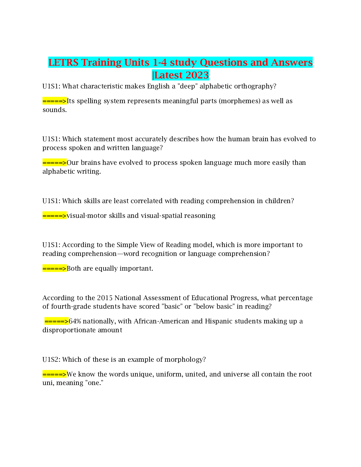 LETRS Training Units 1-4 study Questions and Answers |Latest 2023 ...