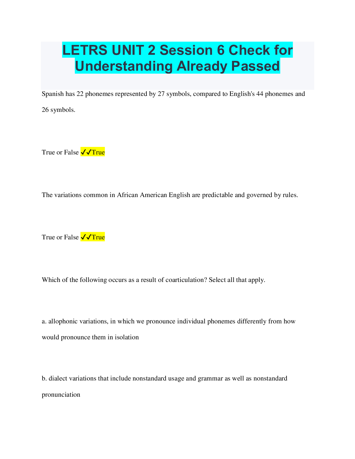 LETRS UNIT 2 Session 6 Check for Understanding Already Passed ...