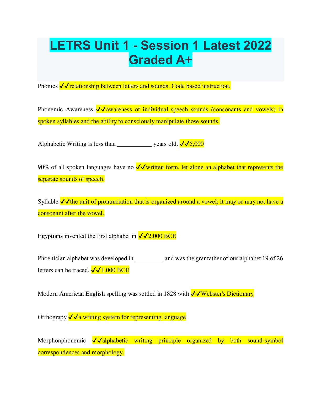 LETRS Unit 1 - Session 1 Latest 2022 Graded A+ - Scholarfriends