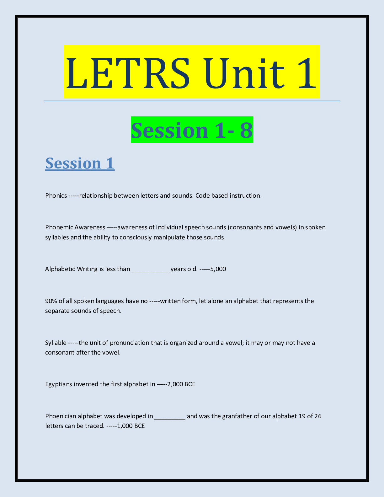 LETRS Unit 1 - Session 1- 8 Questions and Answers 100% Verified ...