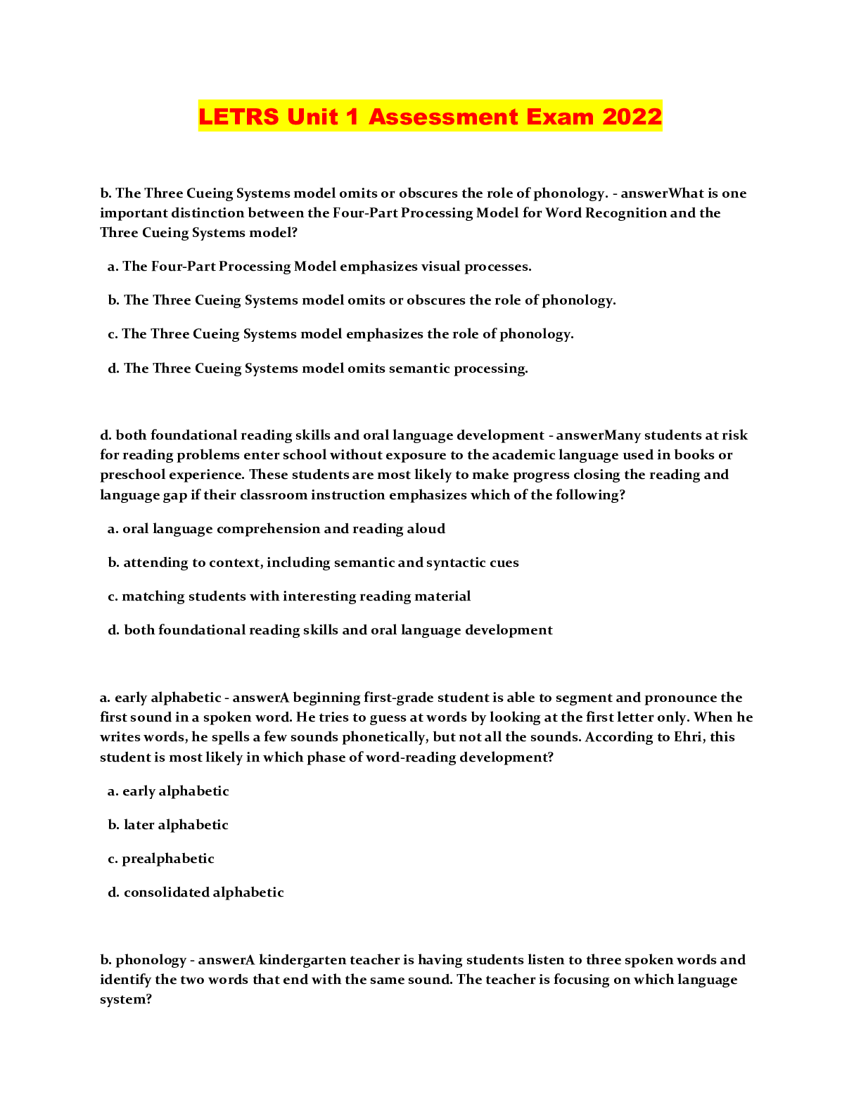 LETRS Unit 1 Assessment Exam 2022 - Scholarfriends