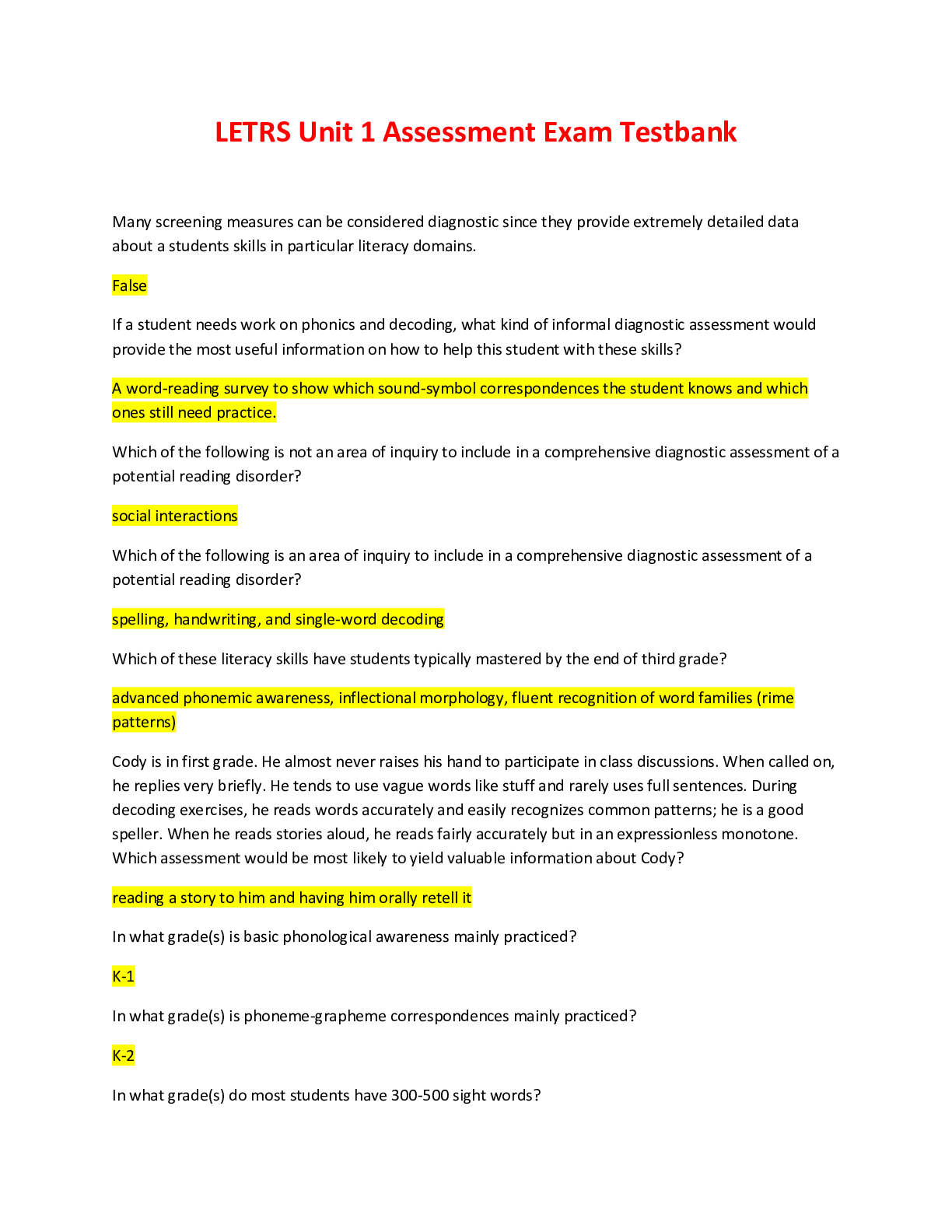 LETRS Unit 1 Assessment Exam Testbank - Scholarfriends