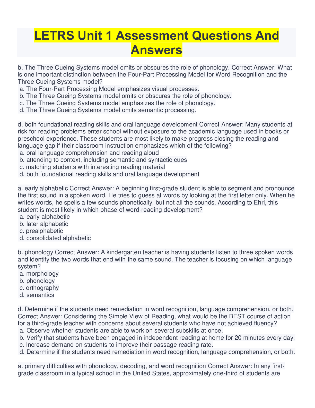 LETRS Unit 1 Assessment Questions And Answers - Scholarfriends