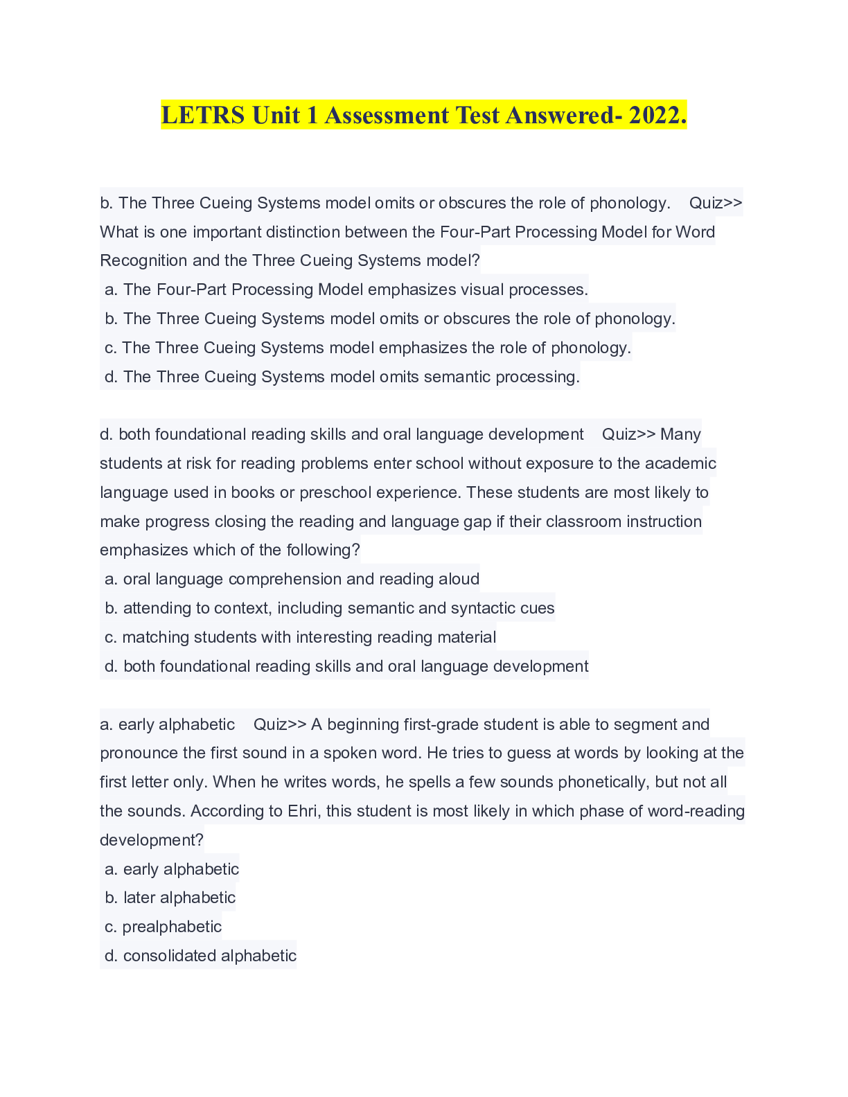 LETRS Unit 1 Assessment Test Answered- 2022. – Scholarfriends ...