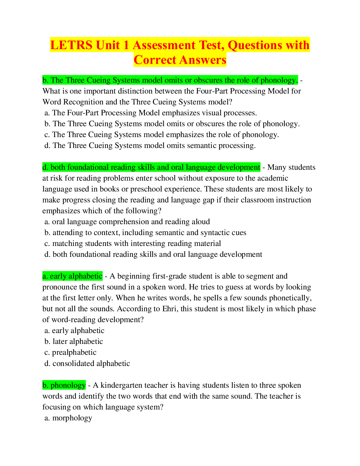 LETRS Unit 1 Assessment Test, Questions with Correct Answers ...