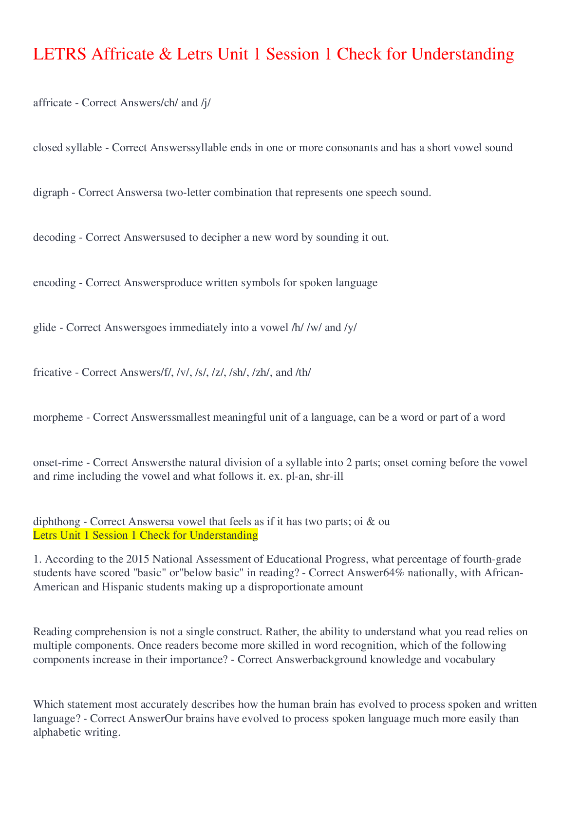 LETRS Unit 6 |Questions and Answers. Rated 100% – Scholarfriends ...