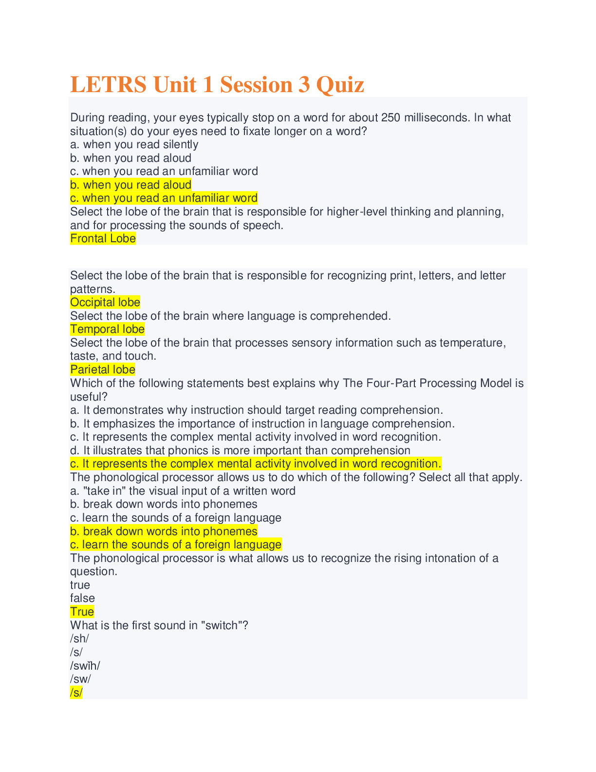 LETRS Unit 1 Session 3 Quiz Questions with Verified Answers 2022/2023 ...