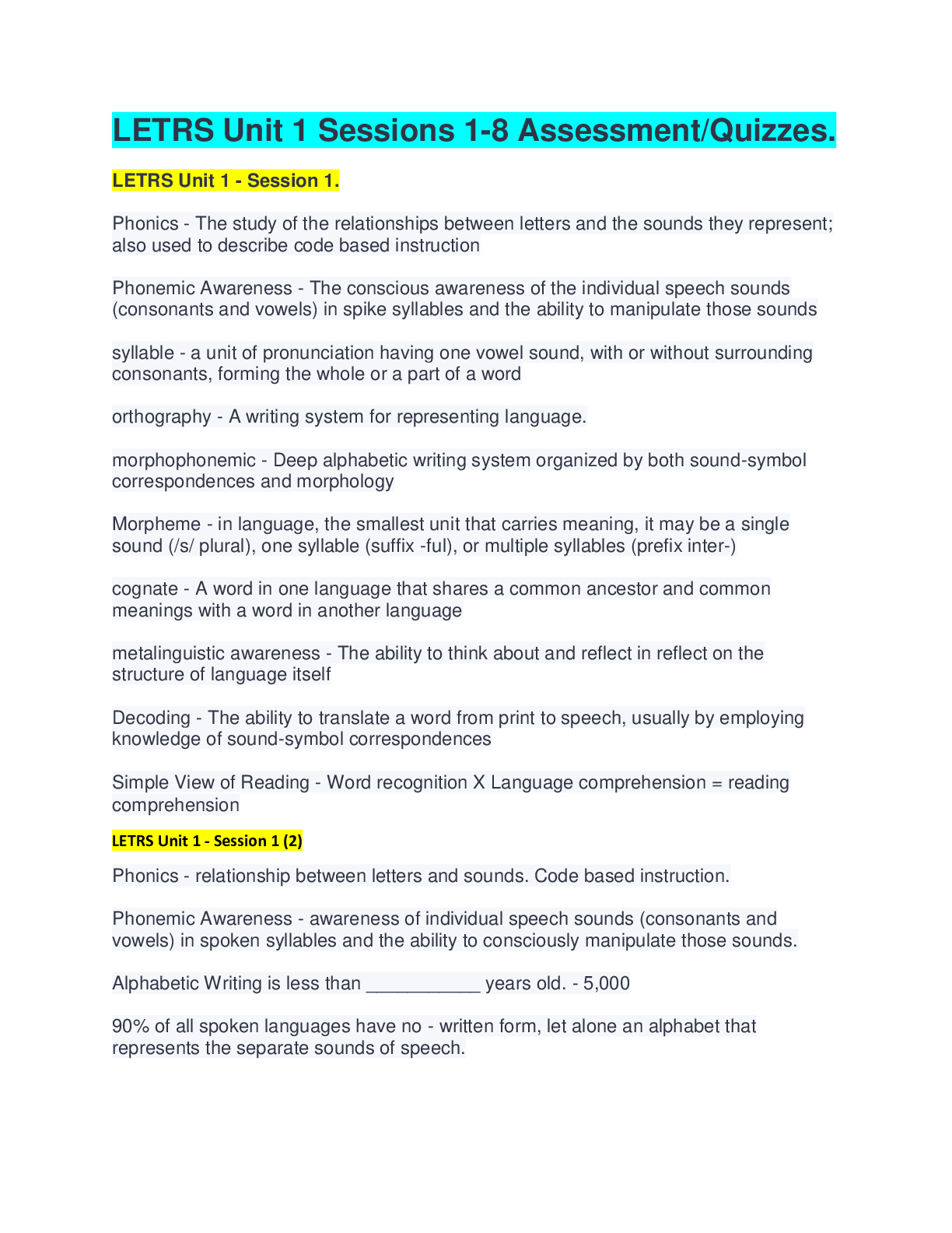 (complete LETRS Unit 1 - Sessions) LETRS Unit 1 Sessions 1-8 Assessment ...