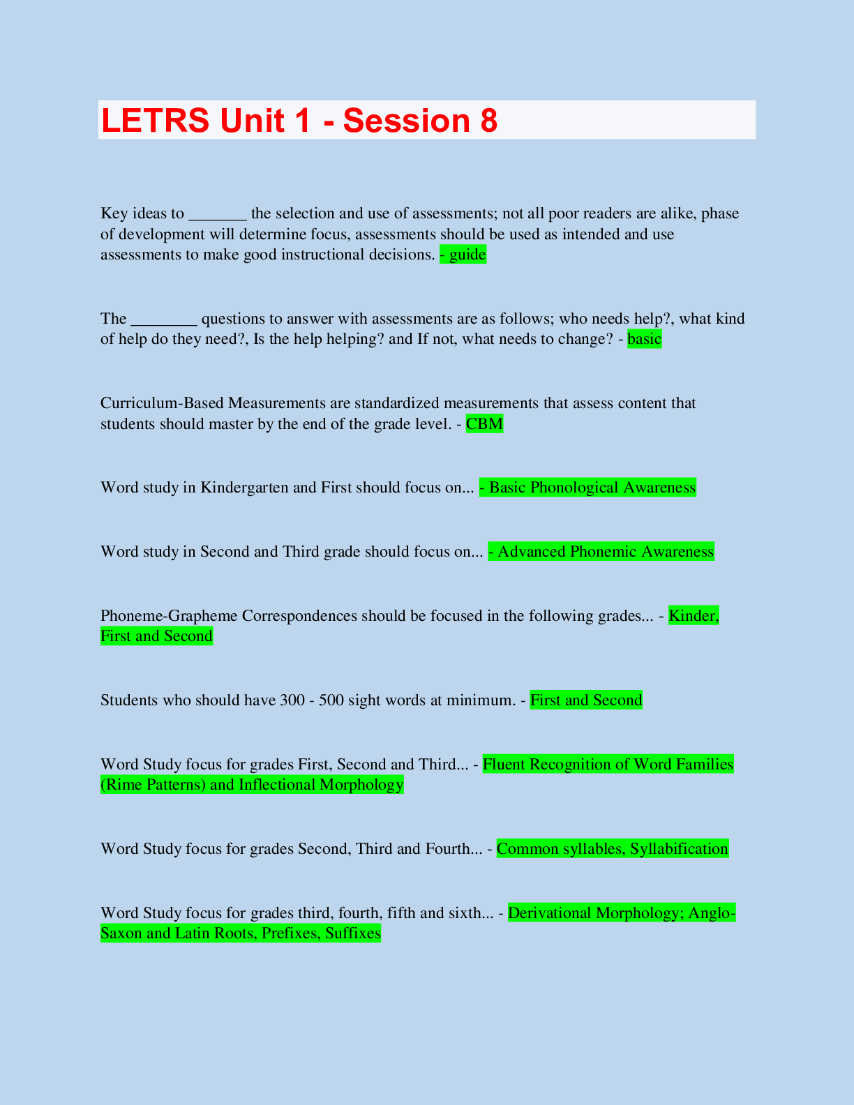 LETRS Unit 1 - Session 8 | Verified | 2022/23 - Scholarfriends