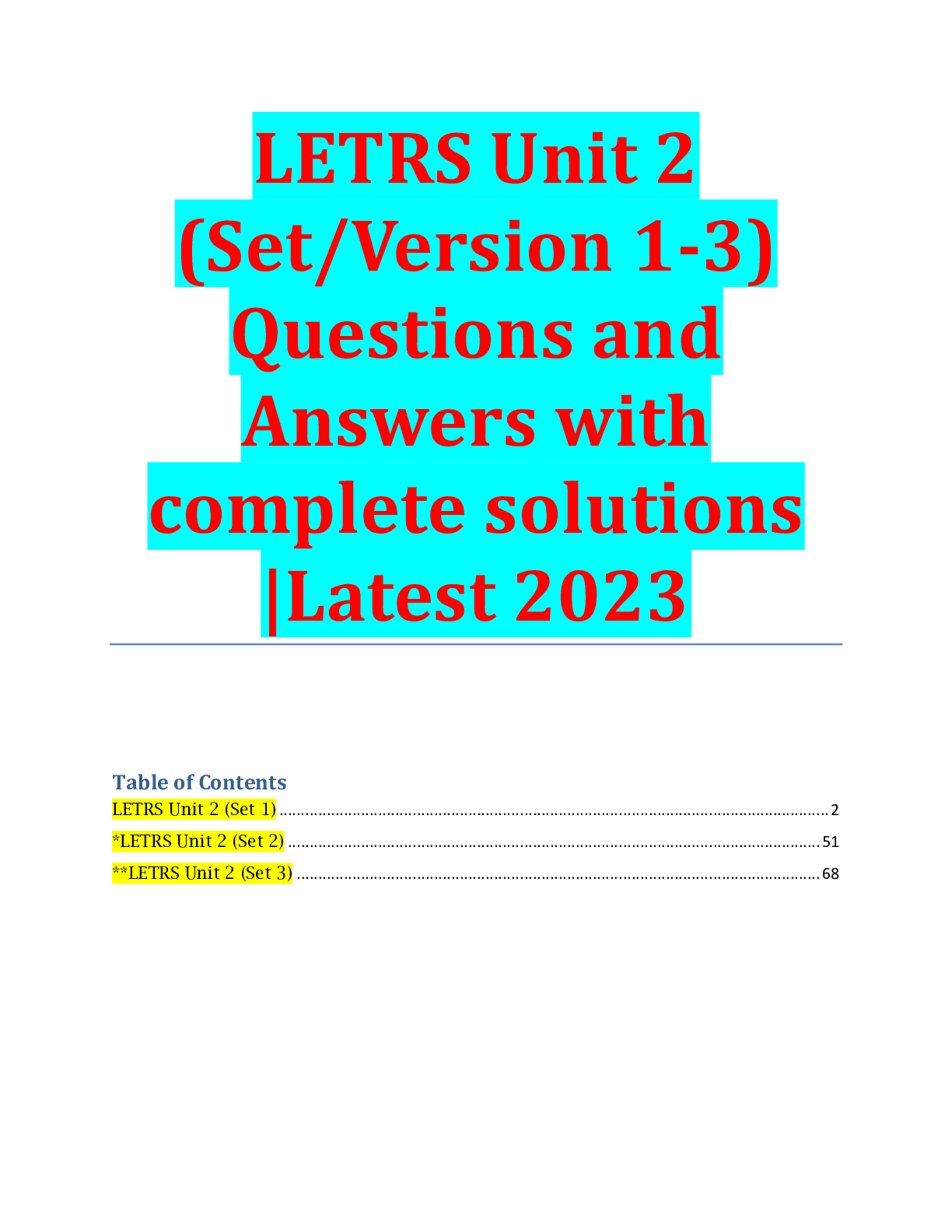 LETRS Unit 2 (Set/Version 1-3) Questions and Answers with complete ...