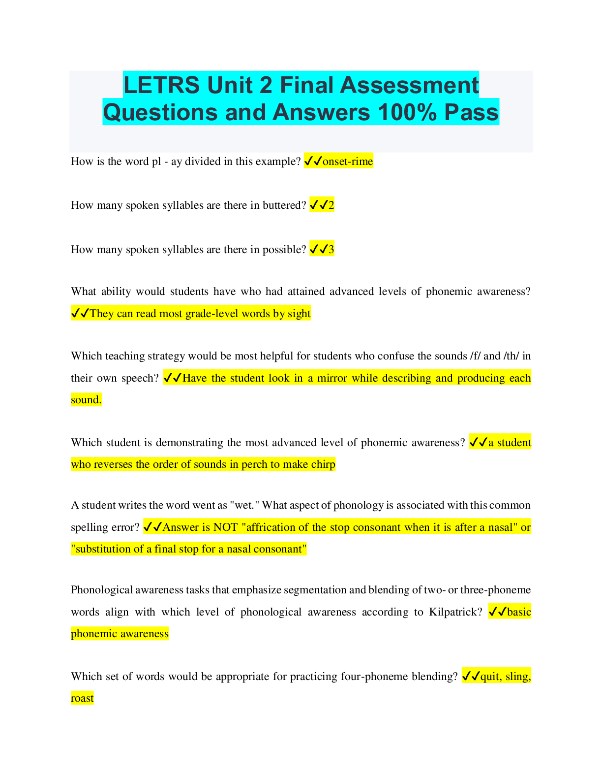 LETRS Unit 2 Final Assessment Questions and Answers 100% Pass ...