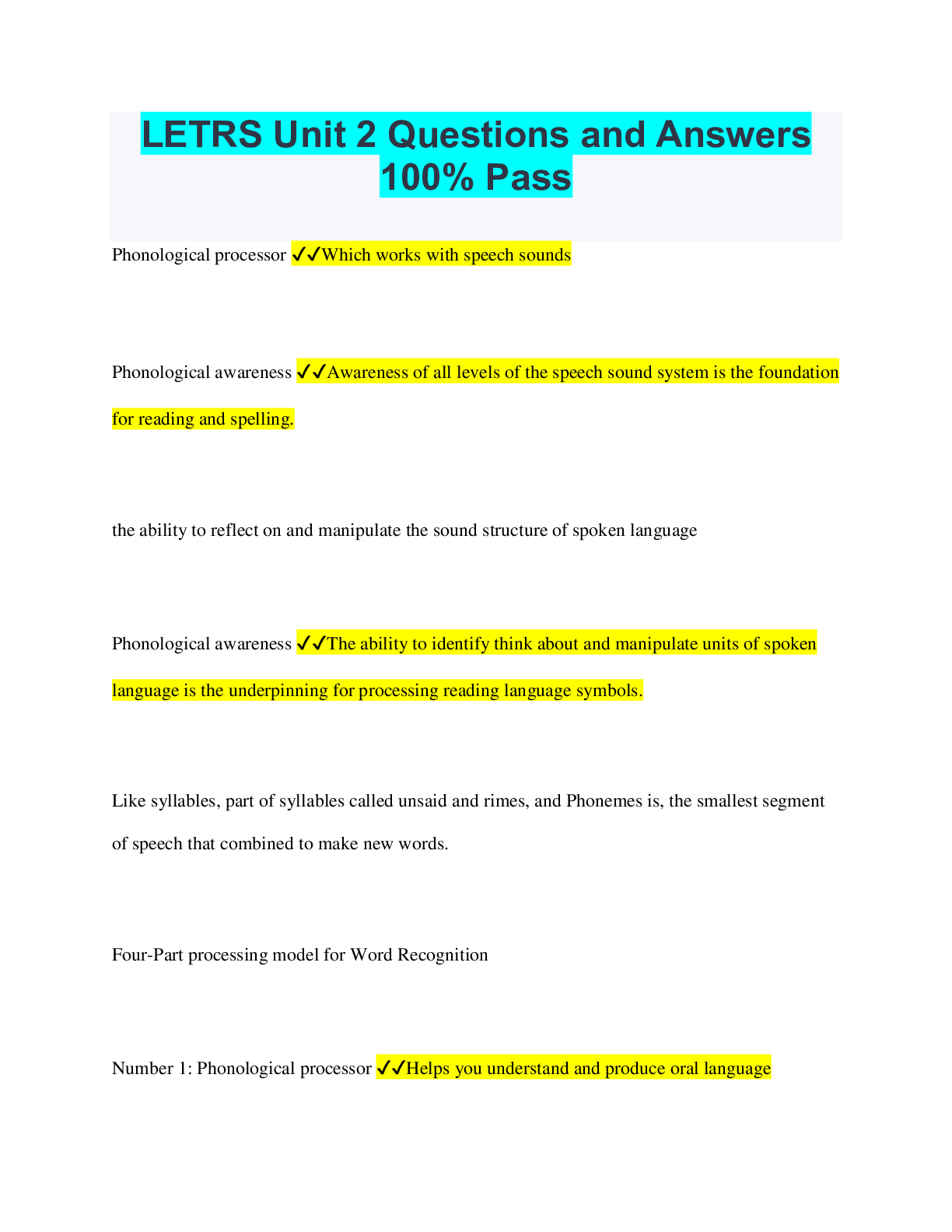 LETRS Unit 2 Questions and Answers 100% Pass - Scholarfriends
