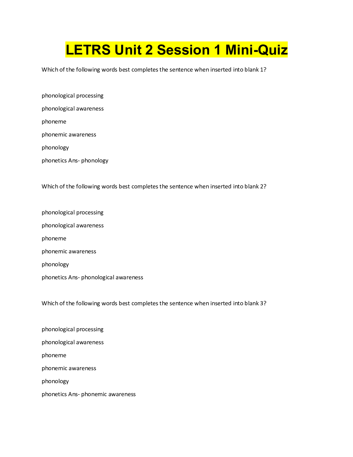 LETRS Unit 2 Session 1 Mini-Quiz - Scholarfriends