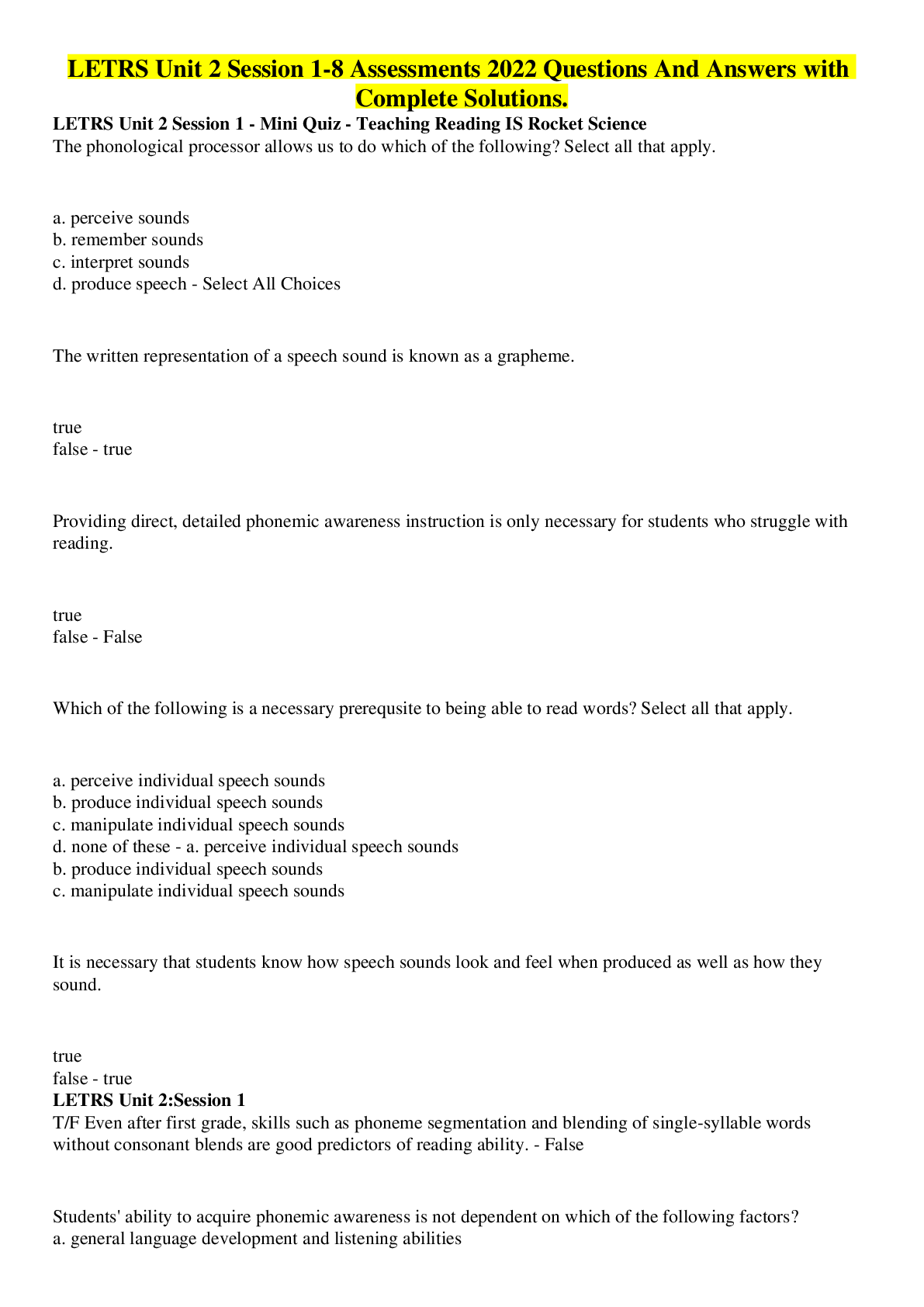 LETRS Unit 2 Session 1-8 Assessments 2022 Questions And Answers with ...