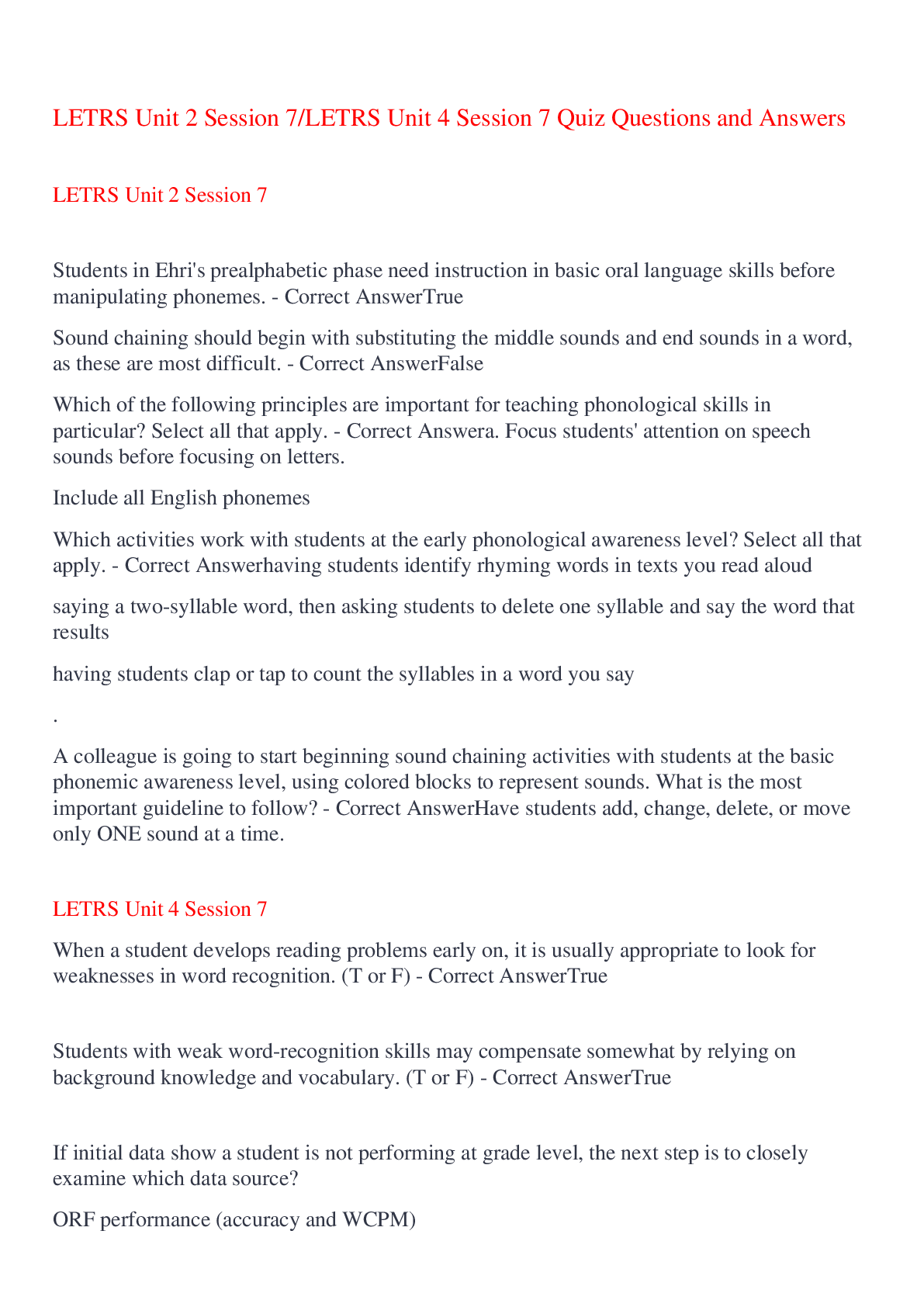 LETRS Unit 2 Session 7/LETRS Unit 4 Session 7 Quiz Questions and ...