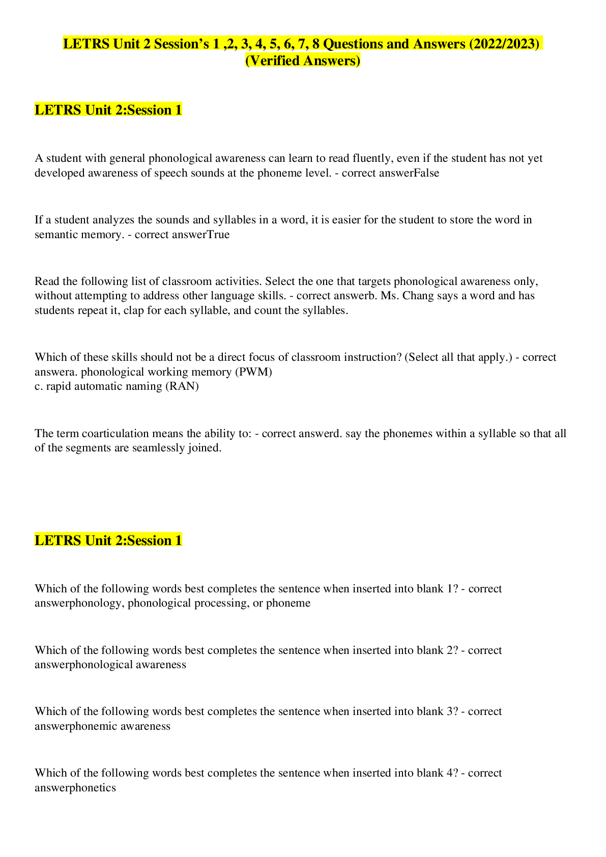 LETRS Unit 2 Session’s 1 ,2, 3, 4, 5, 6, 7, 8 Questions and Answers ...