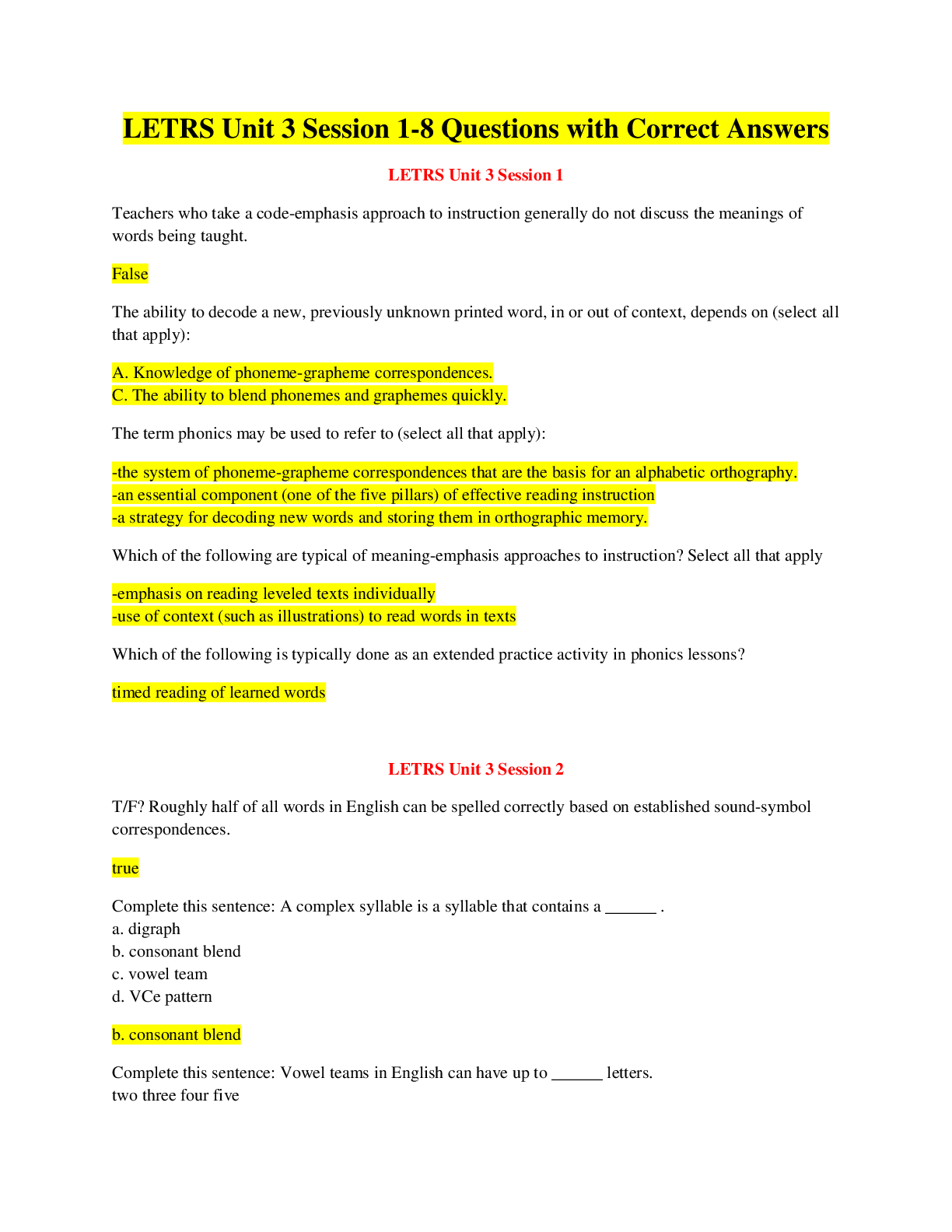 LETRS Unit 3 Session 1-8 Questions with Correct Answers - Scholarfriends