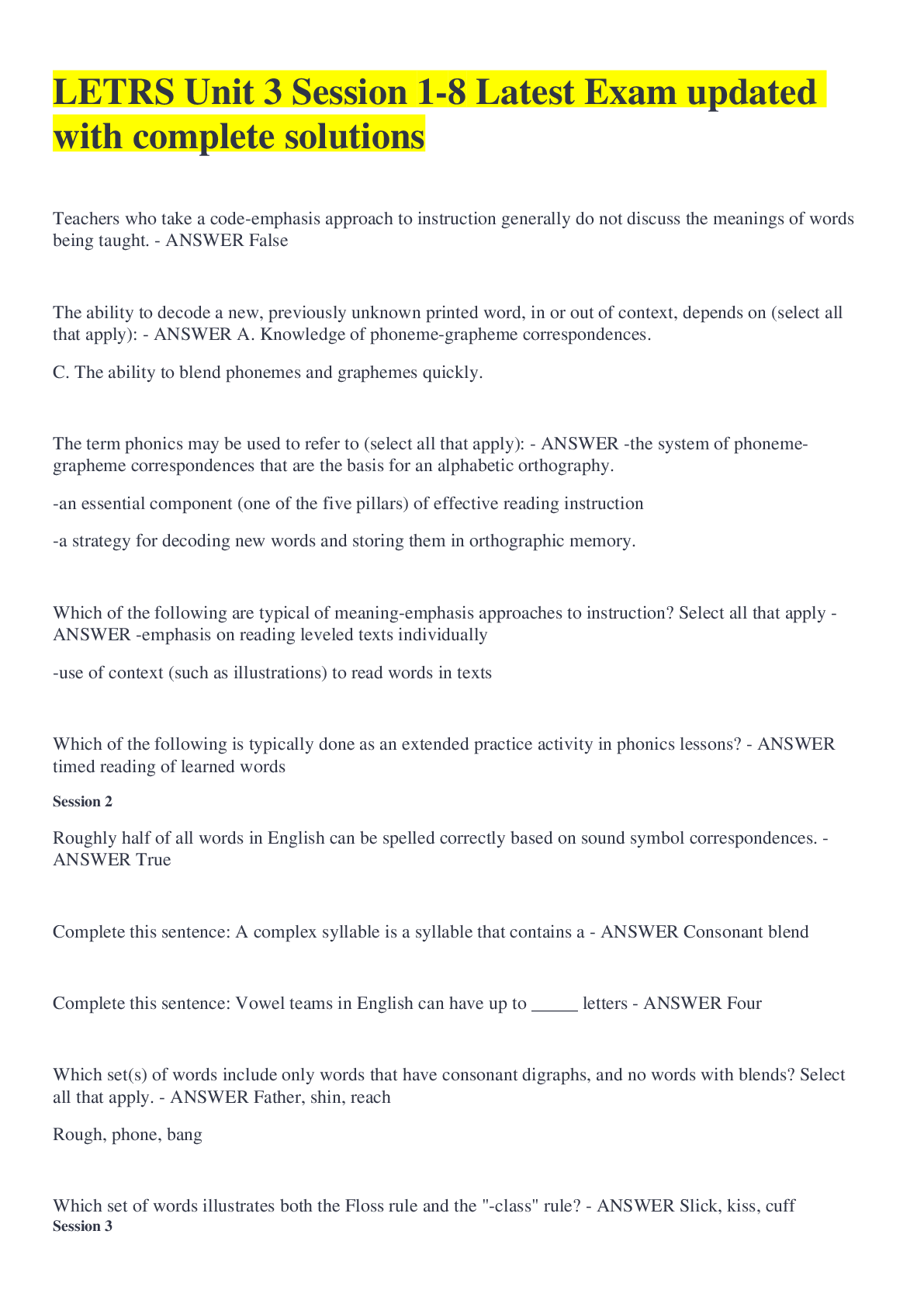 LETRS Unit 3 Session 1-8 Latest Exam updated with complete solutions ...