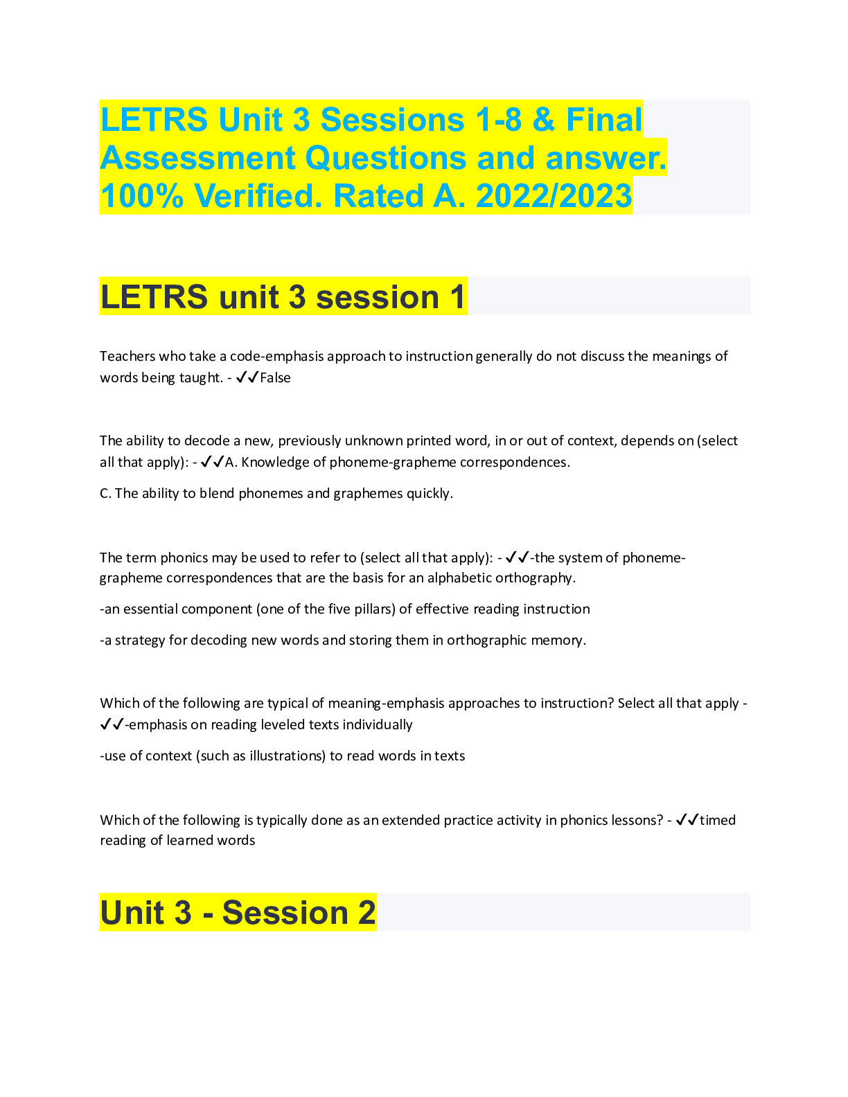 LETRS Unit 3 Sessions 1-8 Plus Final Assessment Questions and answer ...