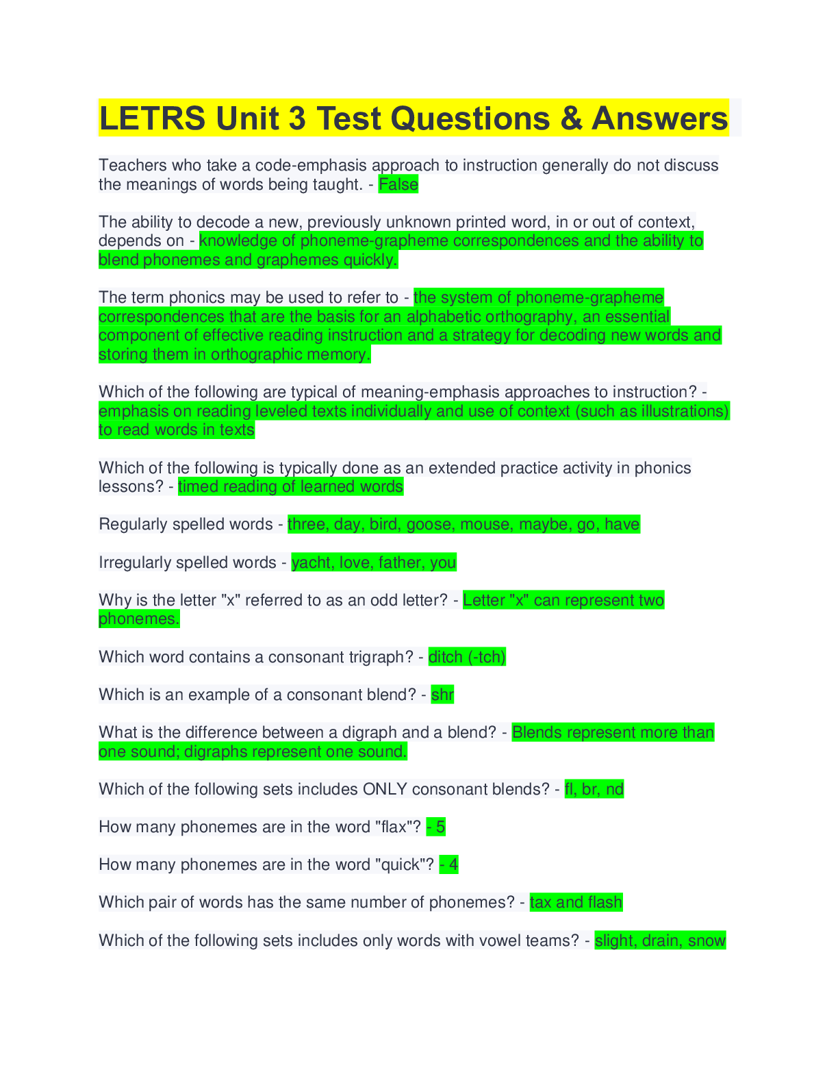LETRS Unit 3 Test Questions & Answers> Latest 2022/2023. - Scholarfriends