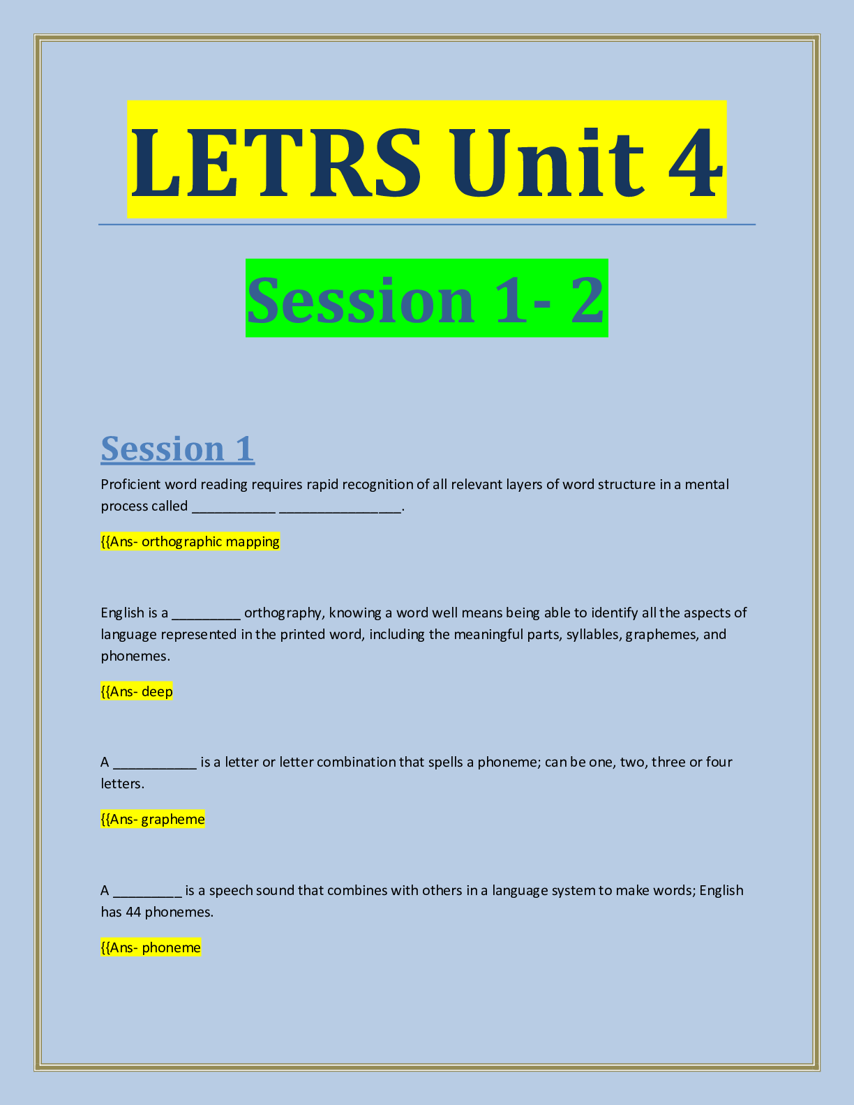 LETRS Unit 4 - Session 1- 2 | 100% Correct Answers - Scholarfriends