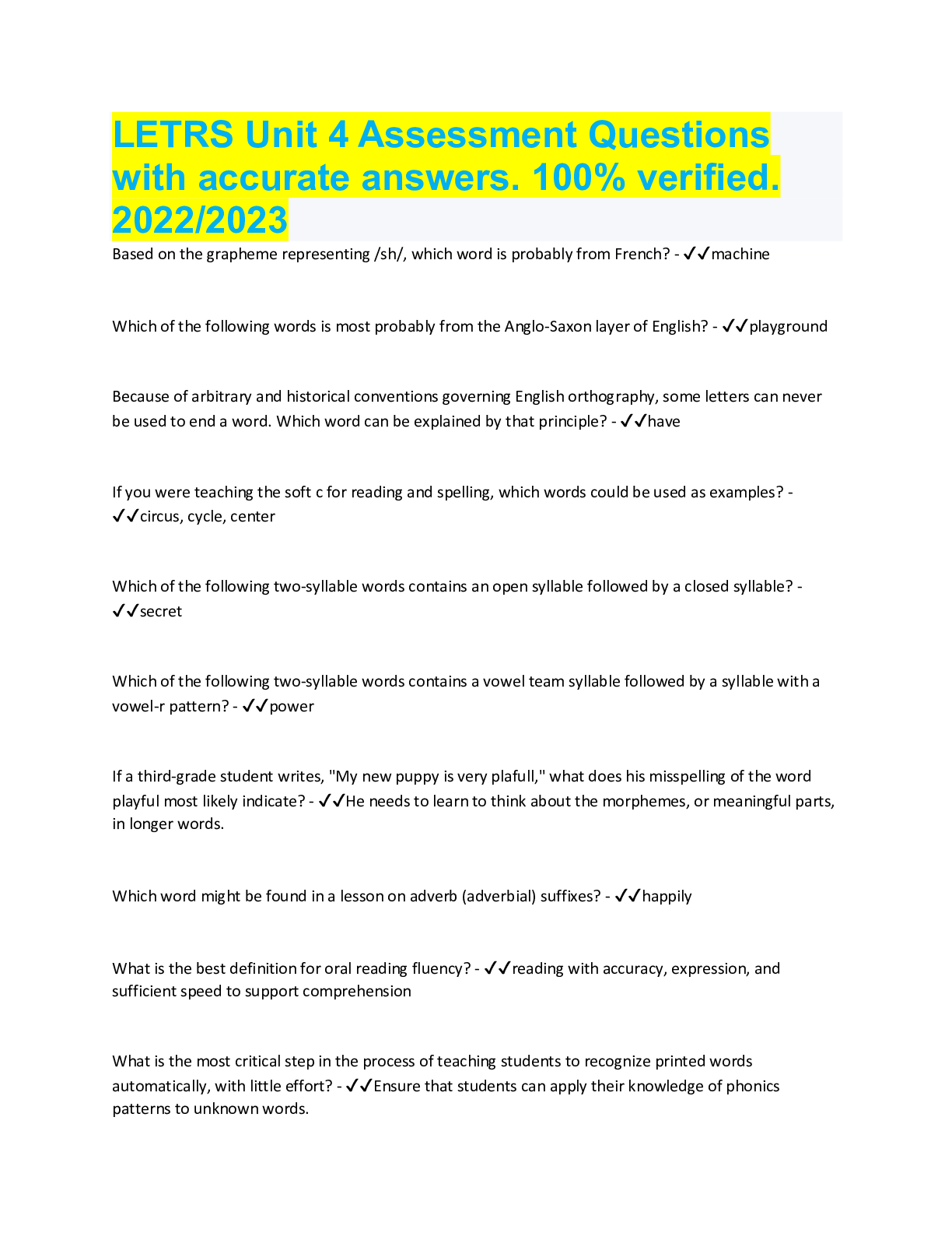 LETRS Unit 4 Assessment questions with accurate answers, Rated A ...