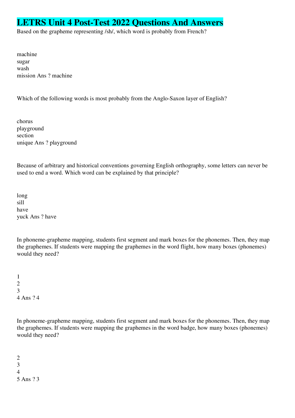 LETRS Unit 4 Post-Test 2022 Questions And Answers - Scholarfriends