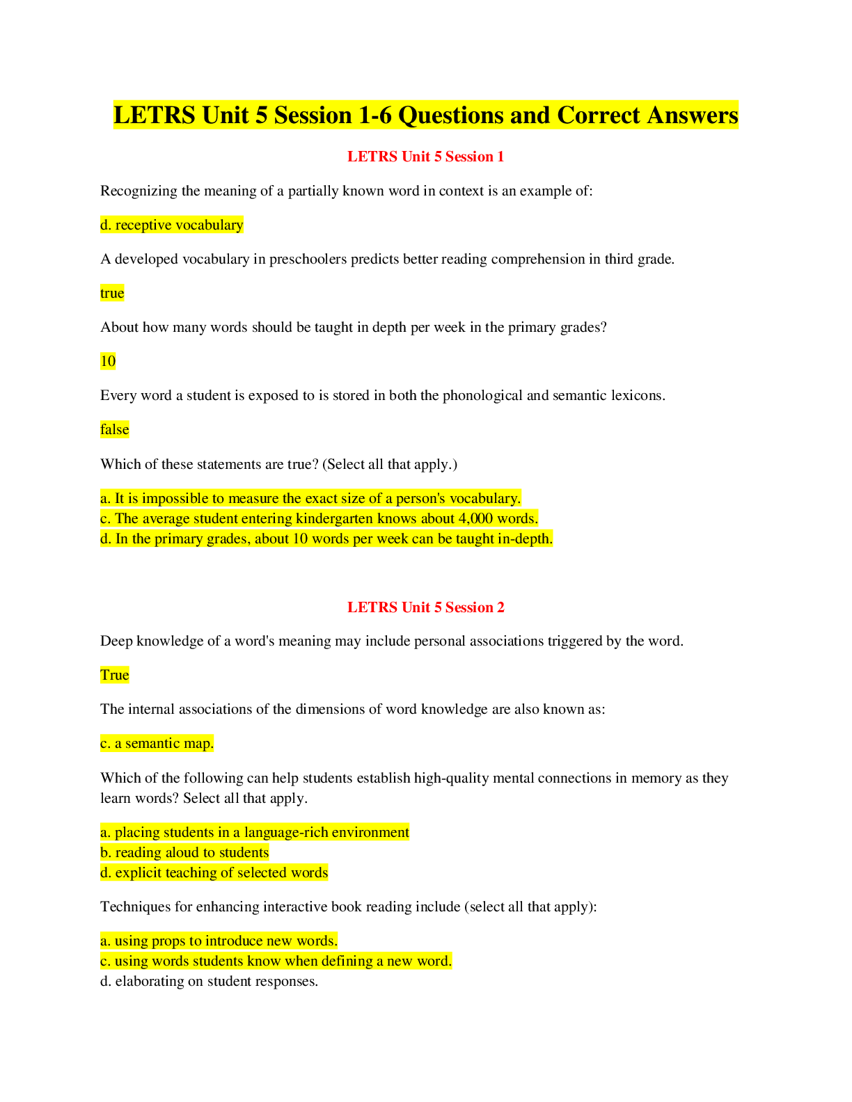 LETRS Unit 5 Session 1-6 Questions and Correct Answers - Scholarfriends