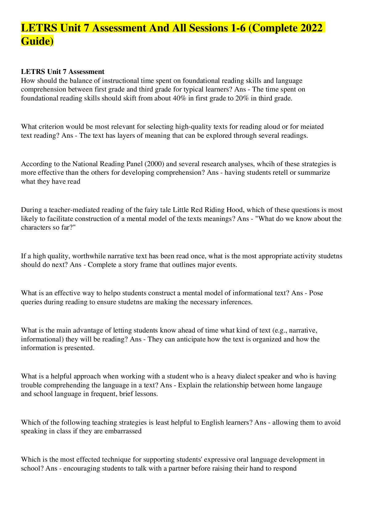 LETRS Unit 7 Assessment And All Sessions 1-6 (Complete 2022 Guide ...