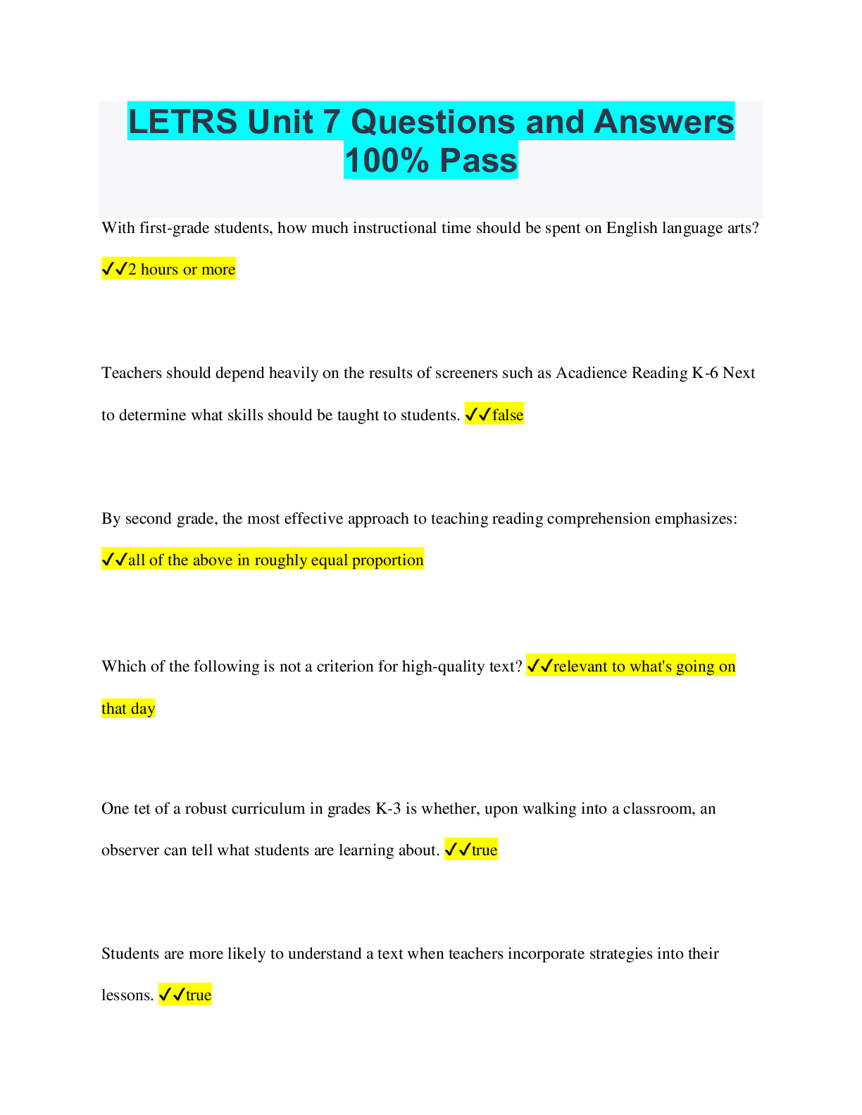 LETRS Unit 7 Questions and Answers 100% Pass - Scholarfriends