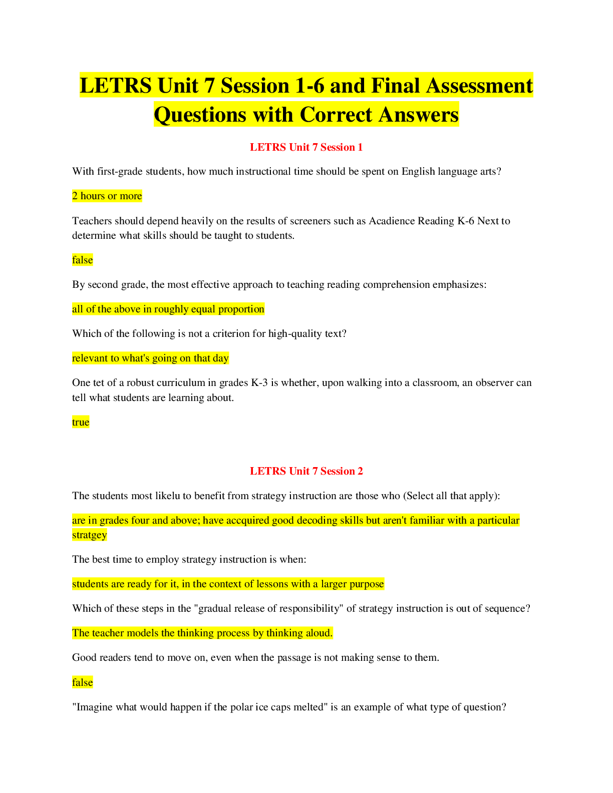 LETRS Unit 7 Session 1-6 and Final Assessment Questions with Correct ...