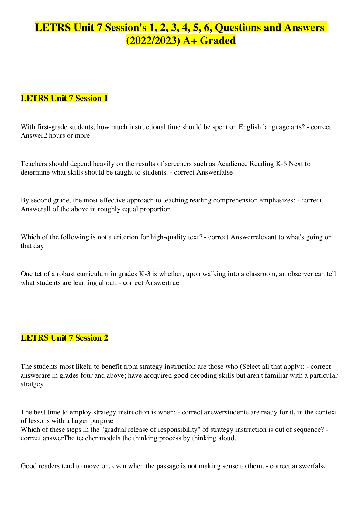 LETRS Unit 7 Session's 1, 2, 3, 4, 5, 6, Questions and Answers (2022/ ...