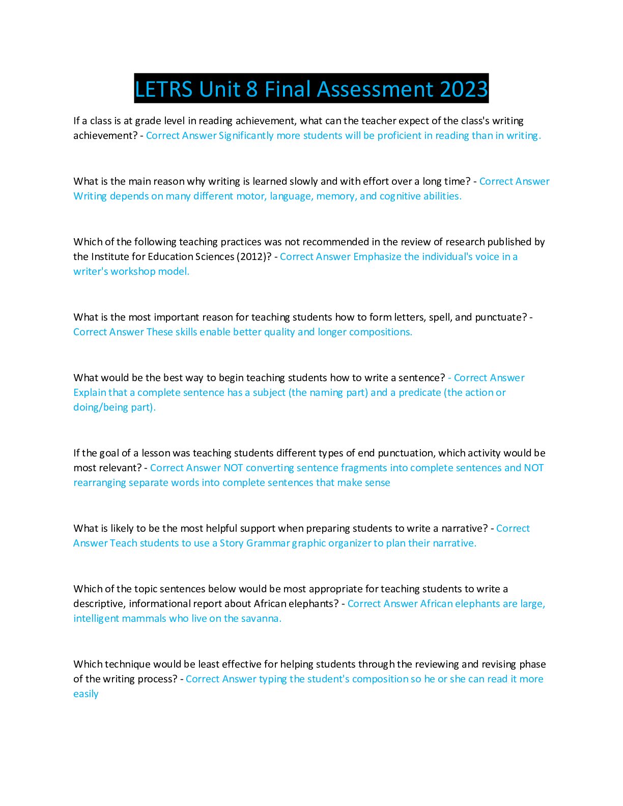 LETRS Unit 8 Final Assessment 2023 - Scholarfriends