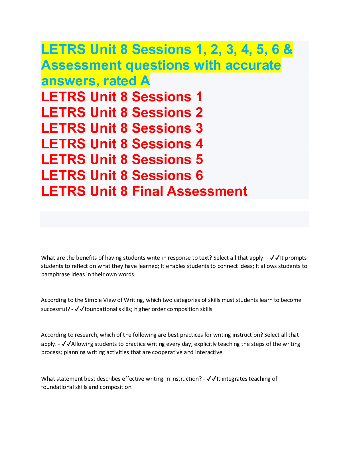 LETRS Unit 8 Sessions 1, 2, 3, 4, 5, 6 & Assessment questions with ...