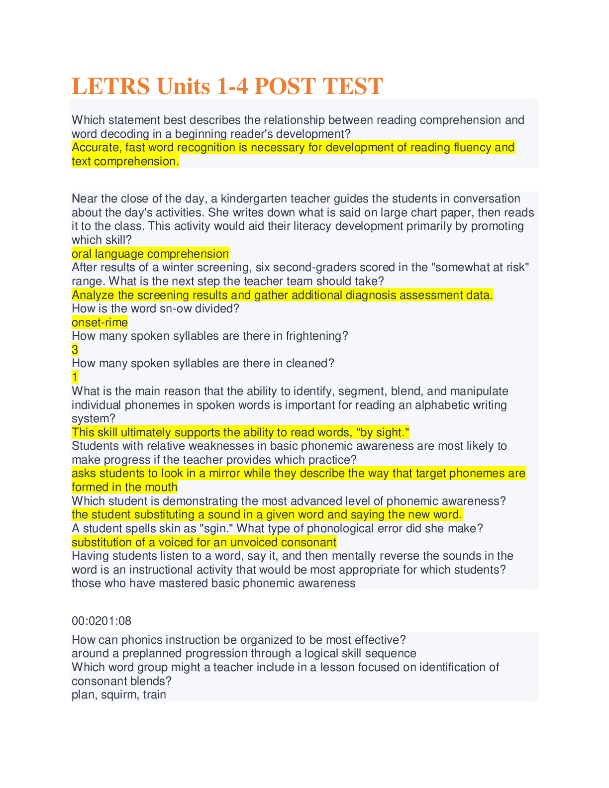 LETRS Units 1-4 POST TEST EAMS QUESTIONS WITH ANSWERS - Scholarfriends