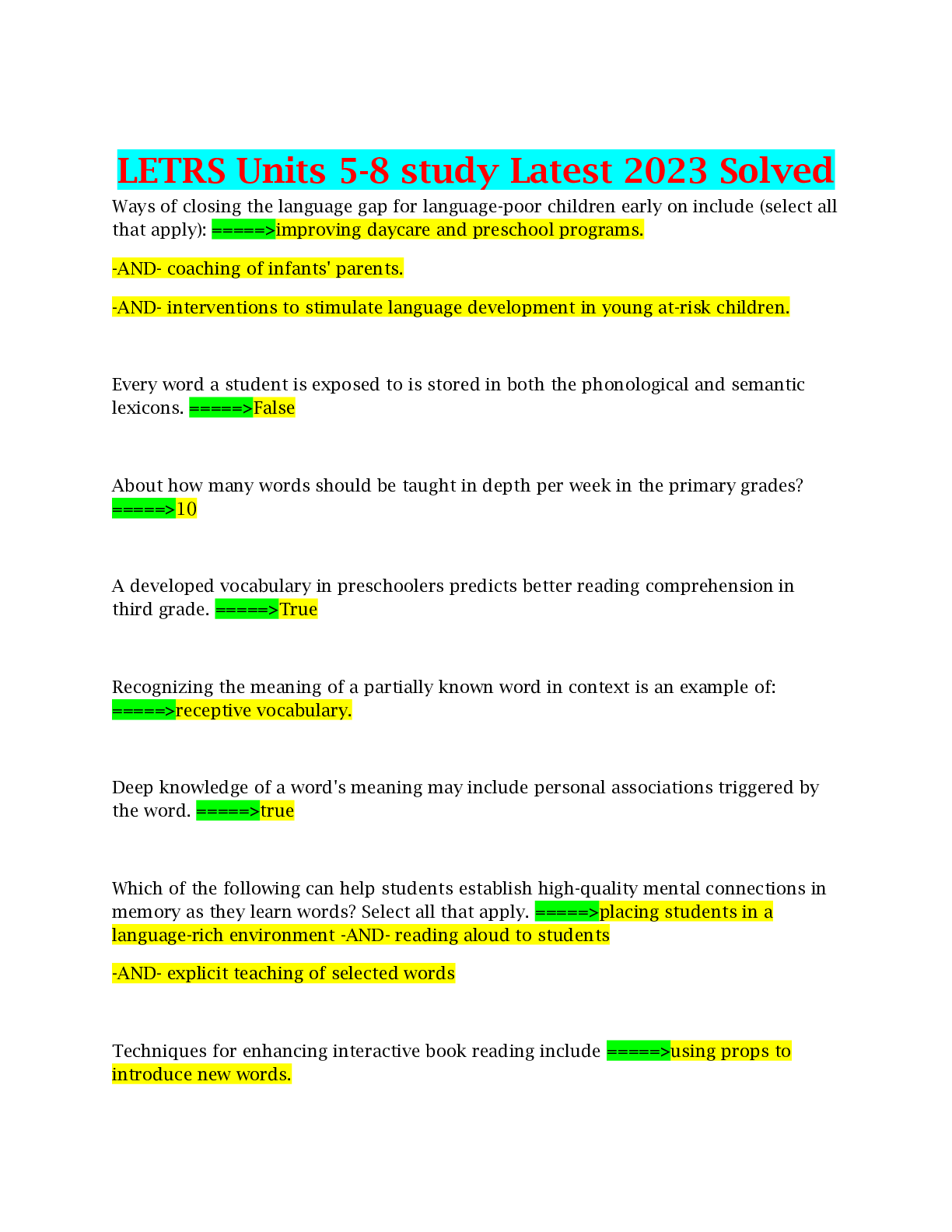 LETRS Units 5-8 study Latest 2023 Solved - Scholarfriends
