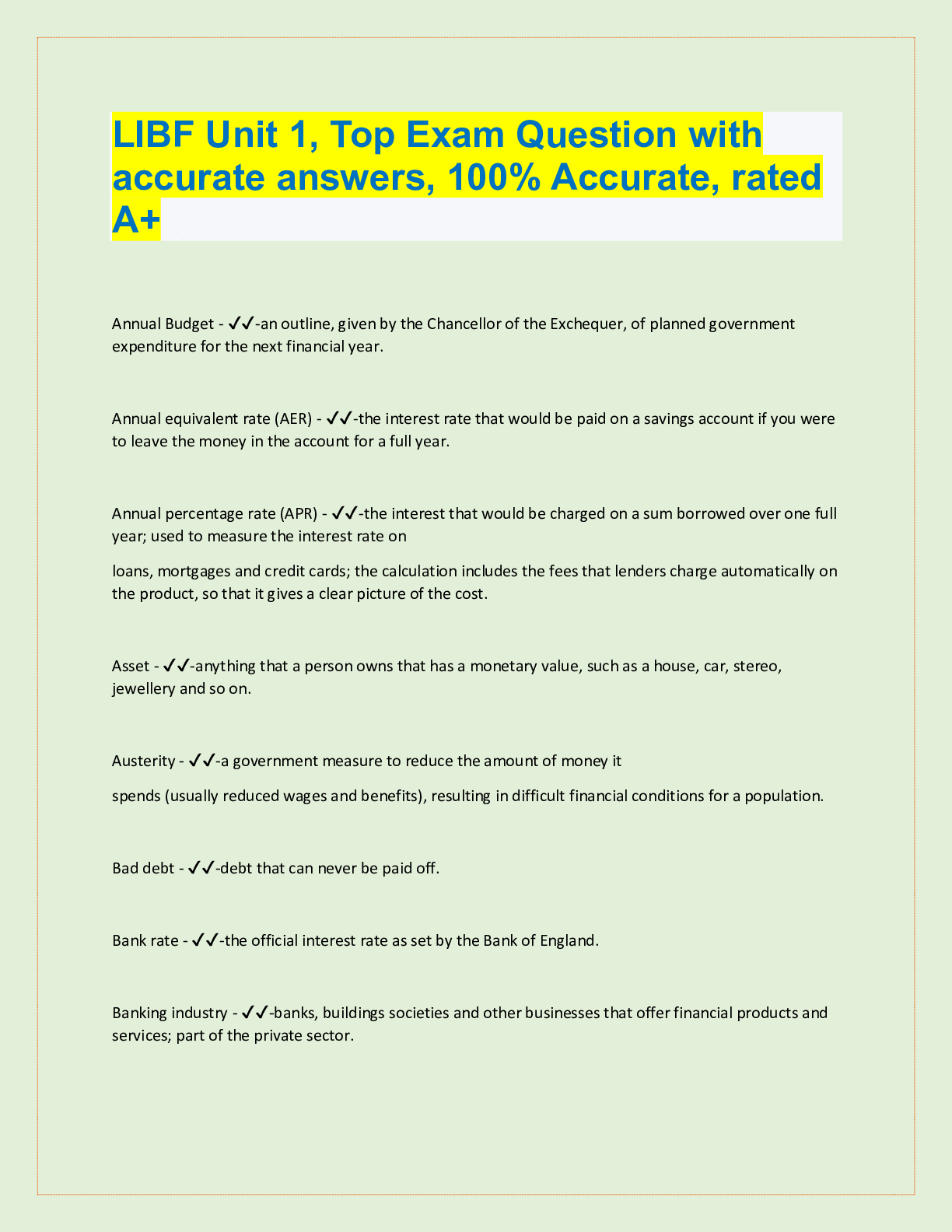 LIBF Unit 1, Top Exam Question with accurate answers, 100% Accurate ...
