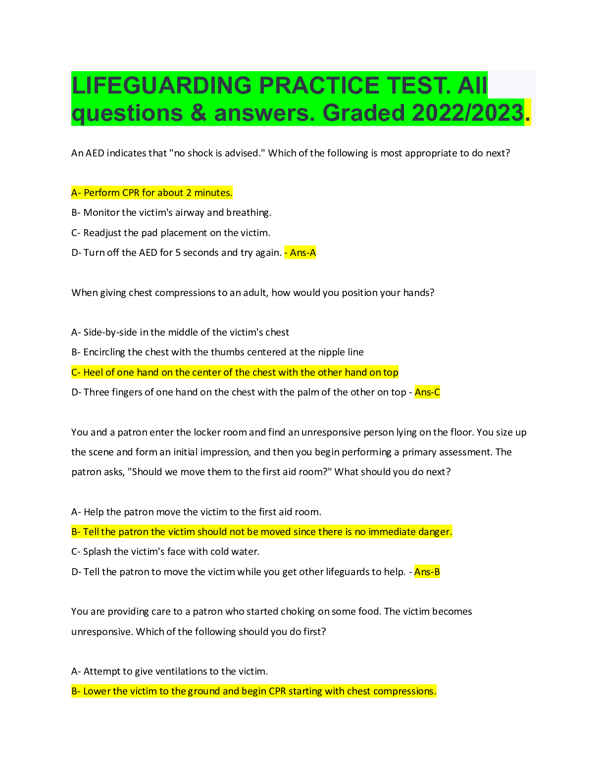 LIFEGUARDING PRACTICE TEST. All questions & answers. Graded 2022/2023 ...