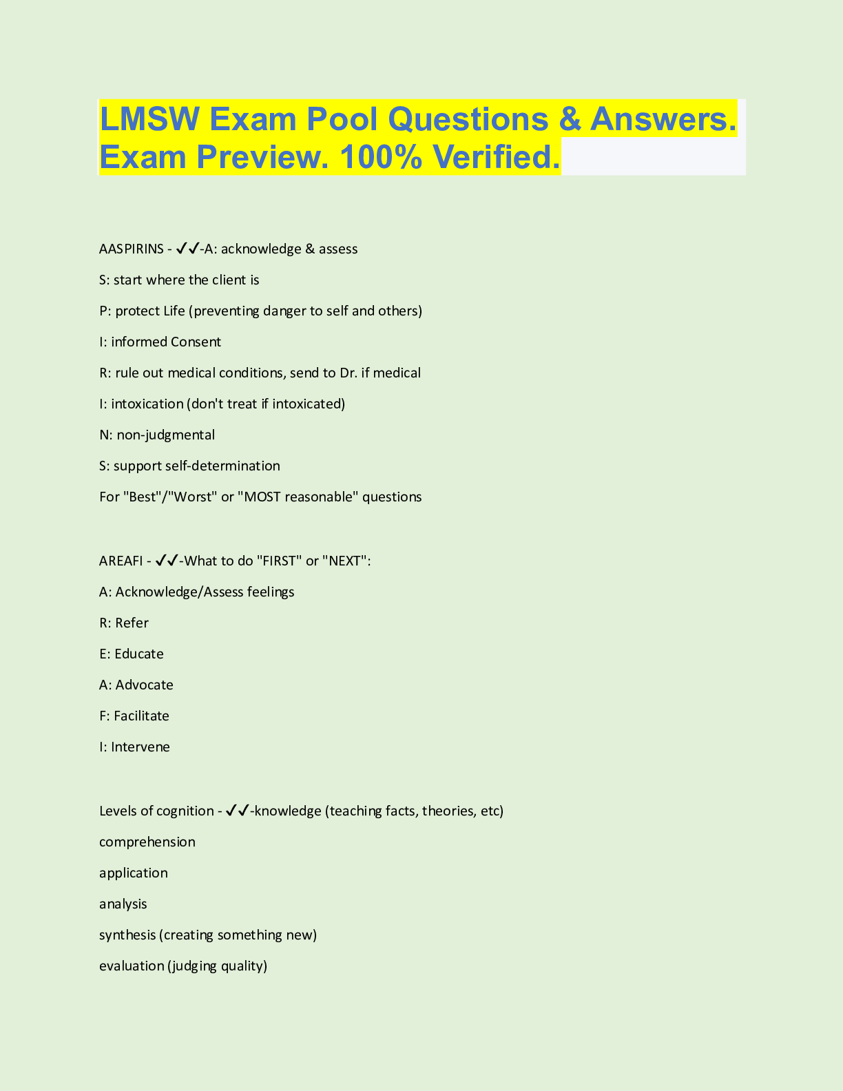 LMSW Exam Pool Questions & Answers. Exam Preview. 100% Verified ...