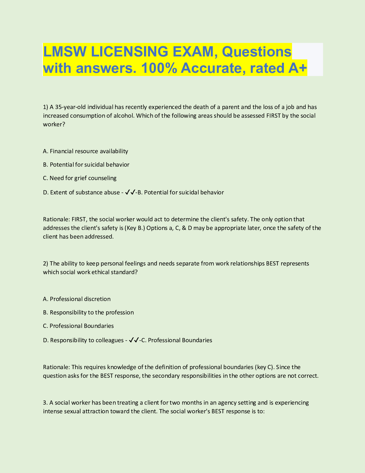 LMSW LICENSING EXAM, Questions with answers. 100% Accurate, rated A+ 1 ...