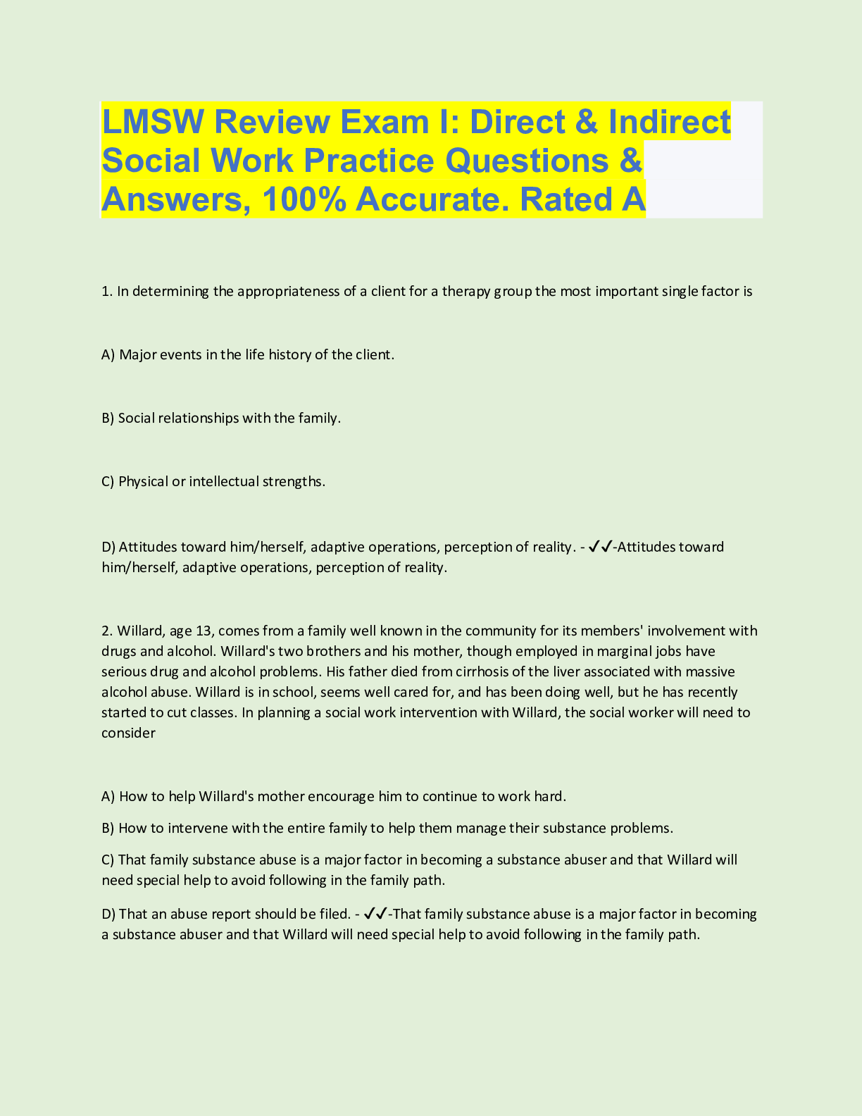 LMSW Review Exam I: Direct & Indirect Social Work Practice Questions ...