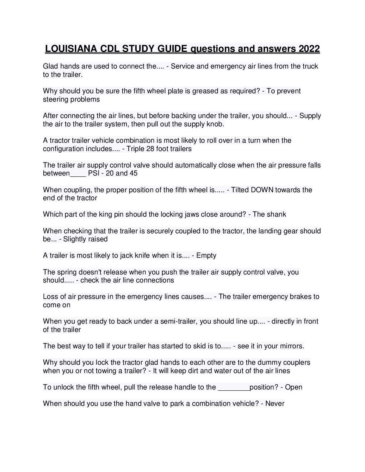 LOUISIANA CDL STUDY GUIDE questions and answers 2022 - Scholarfriends