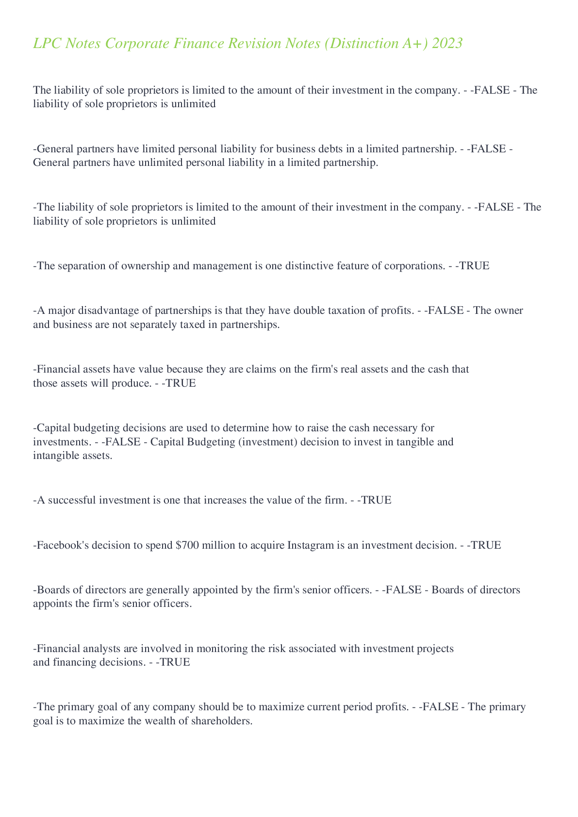 LPC Notes Corporate Finance Revision Notes (Distinction A+) 2023 ...