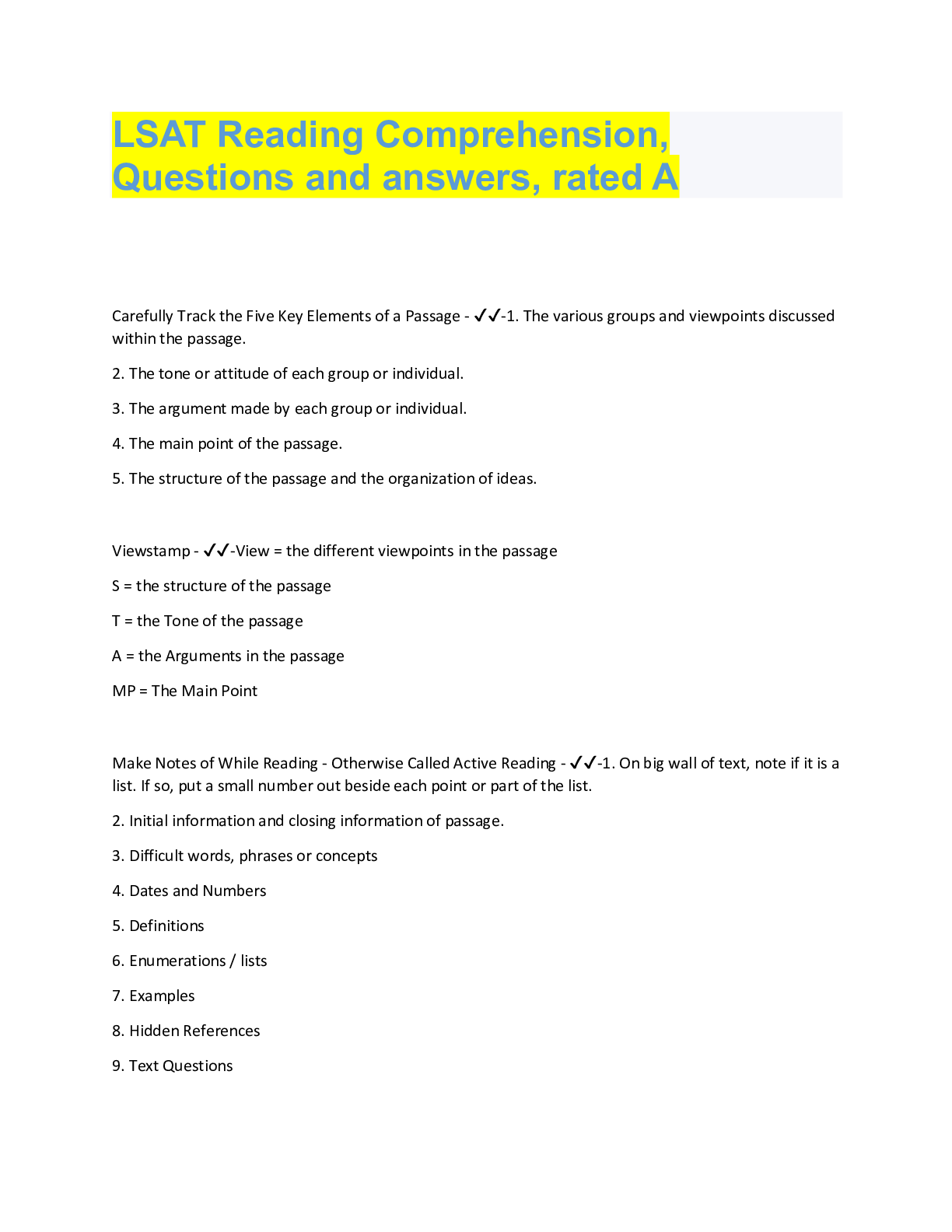 LSAT Reading Comprehension, Questions and answers, rated A - Scholarfriends