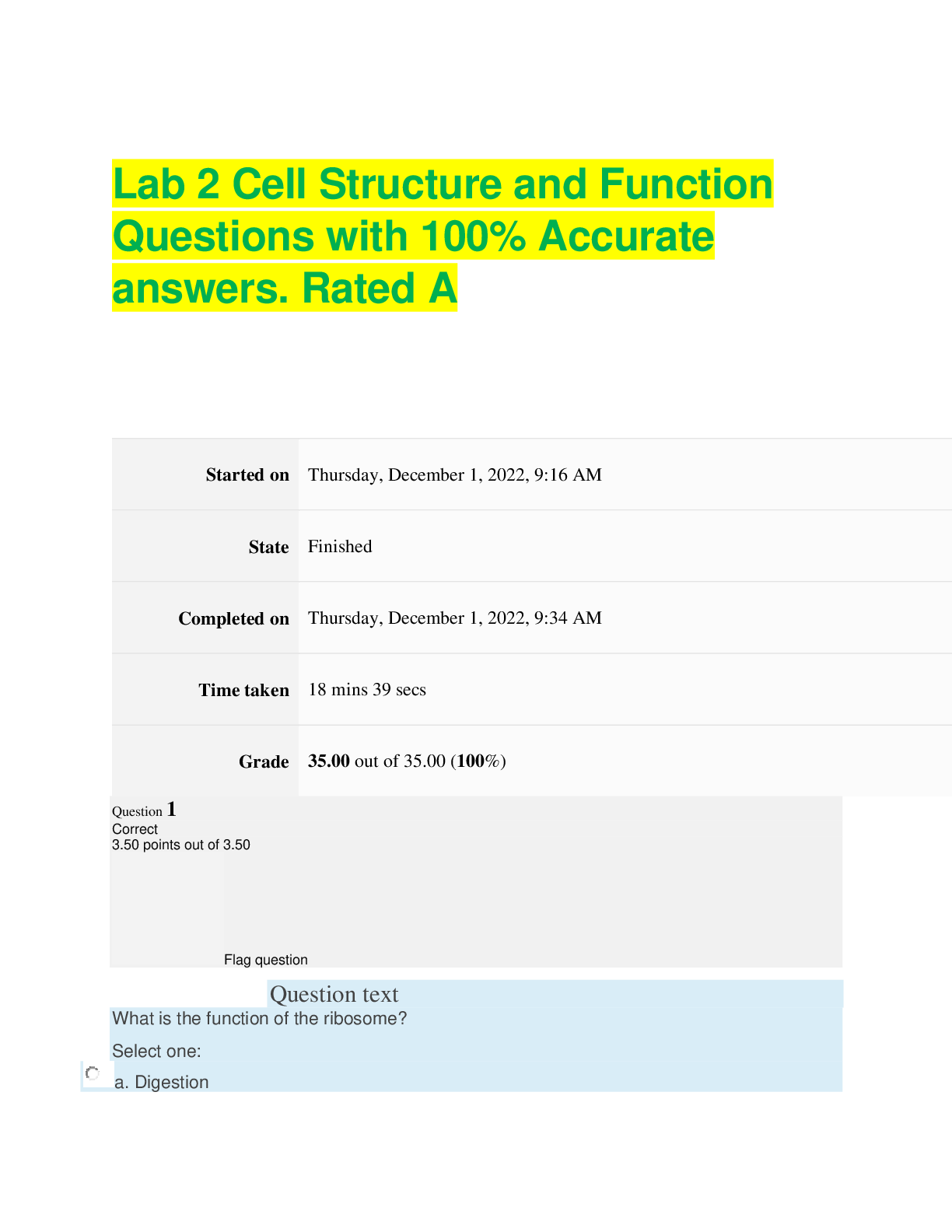 Lab 2 Cell Structure and Function Questions with 100% Accurate answers ...