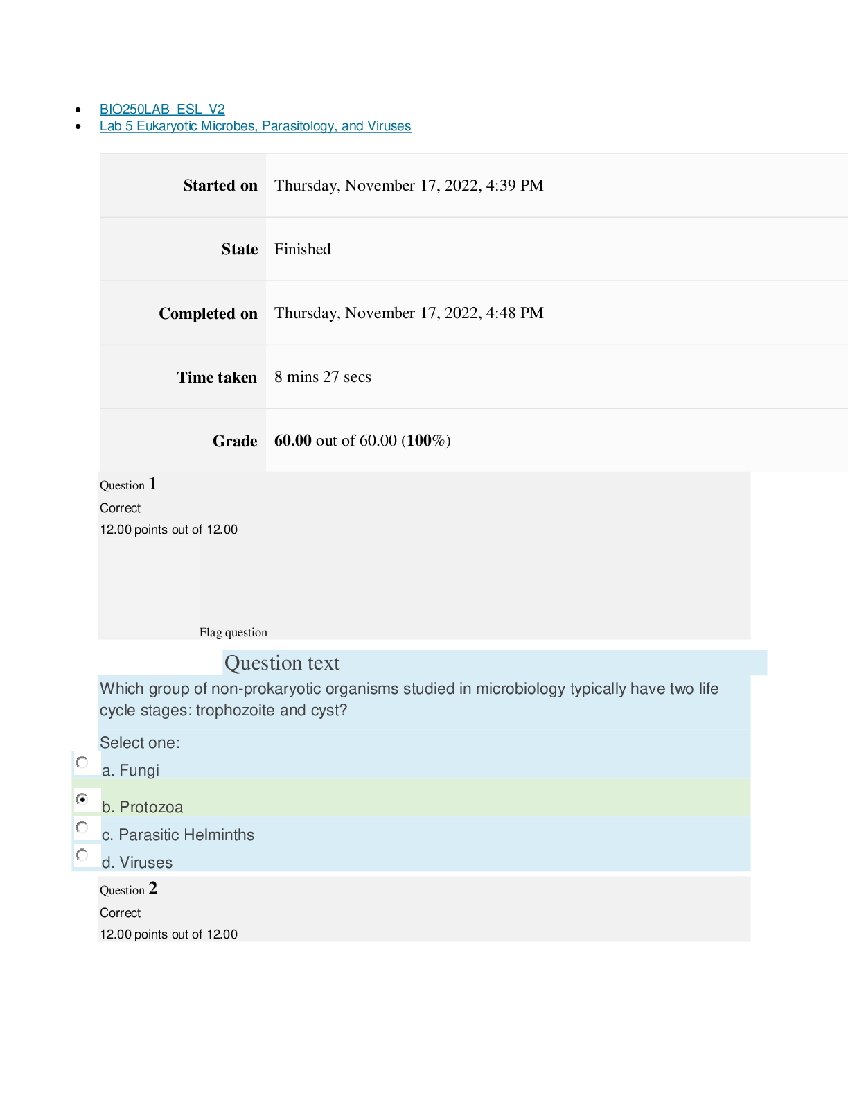 BIO250 Lab 5 Eukaryotic Microbes, Parasitology, and Viruses LAB QUIZ ...