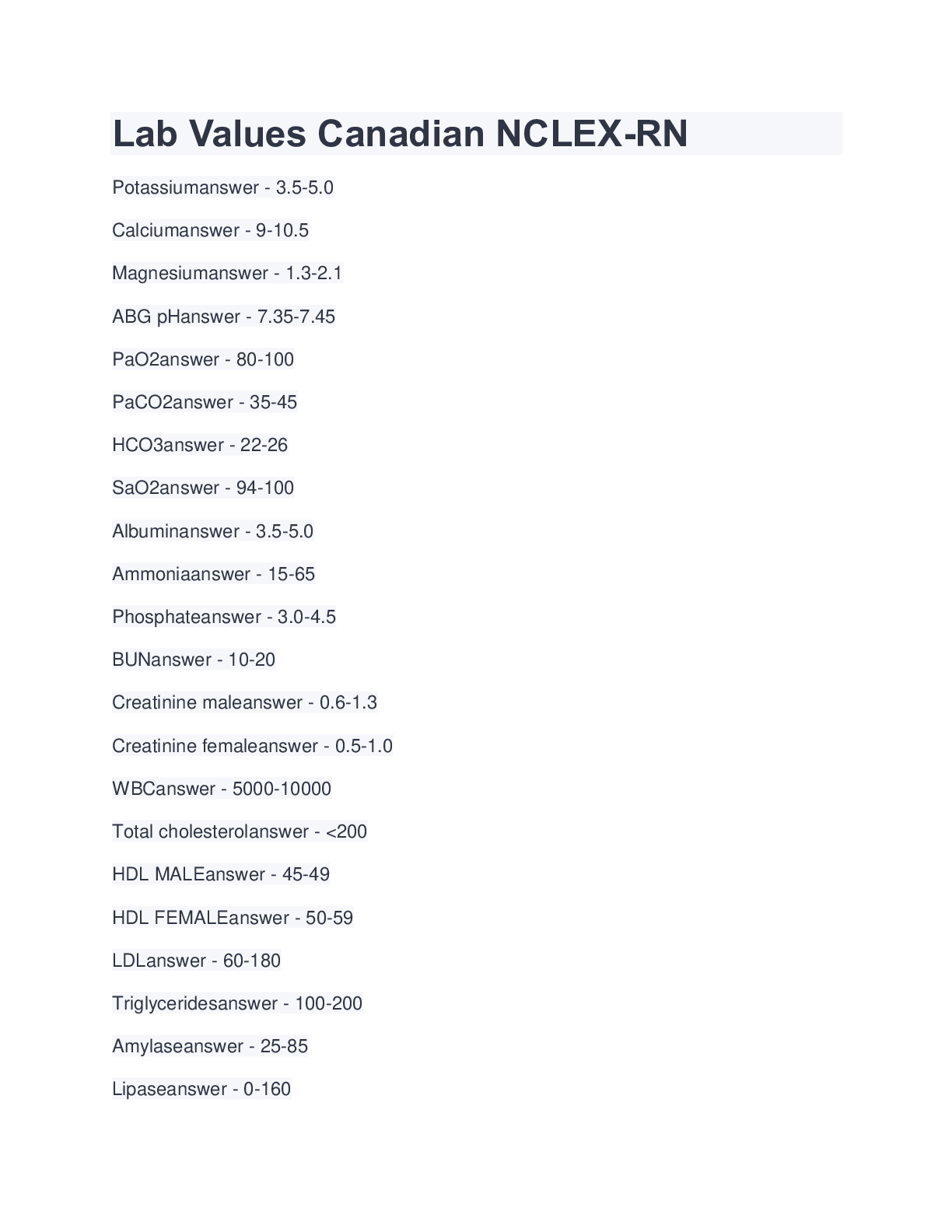 Lab Values Canadian NCLEX-RN - Scholarfriends