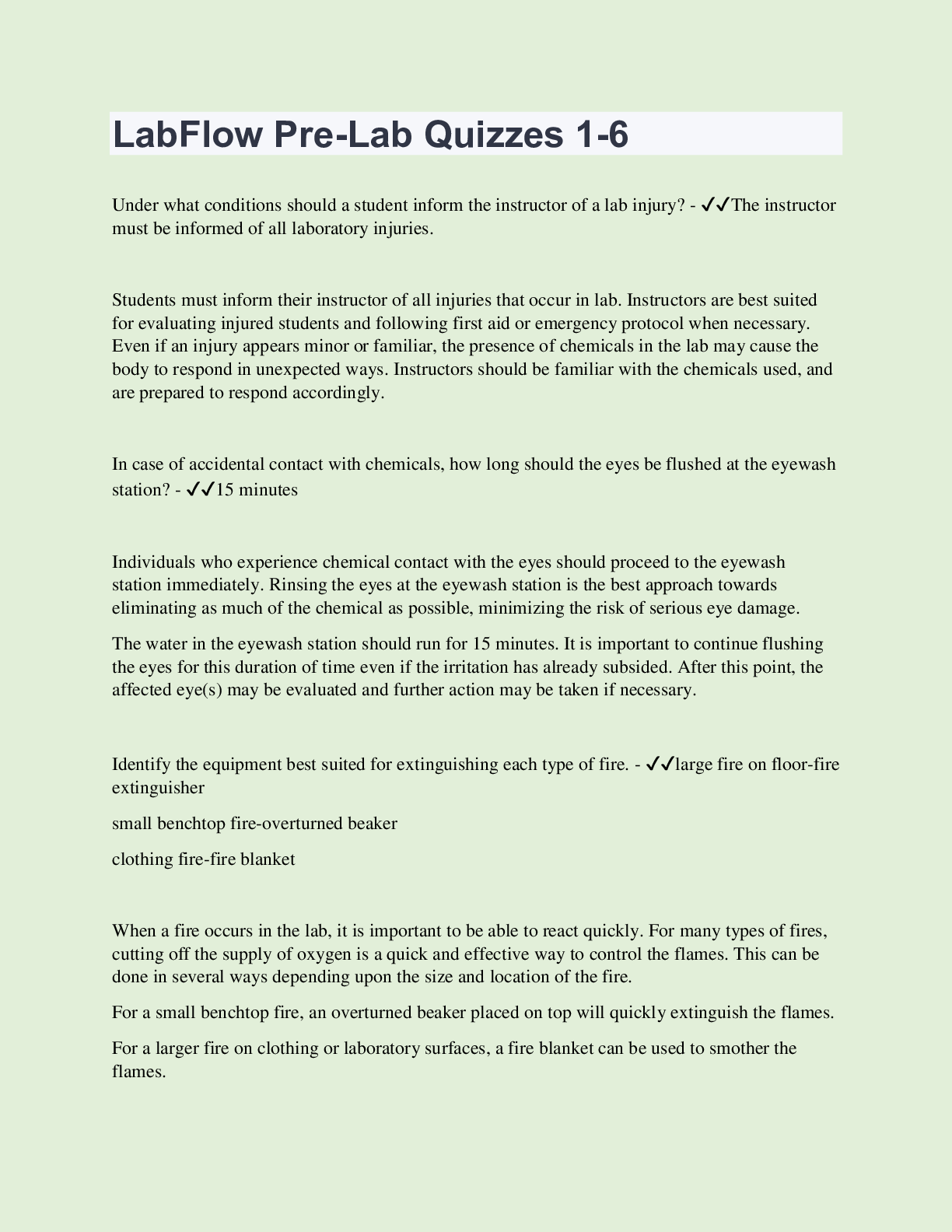 LabFlow Pre-Lab Quizzes 1-6 | 95 Questions with 100% Correct Answers ...