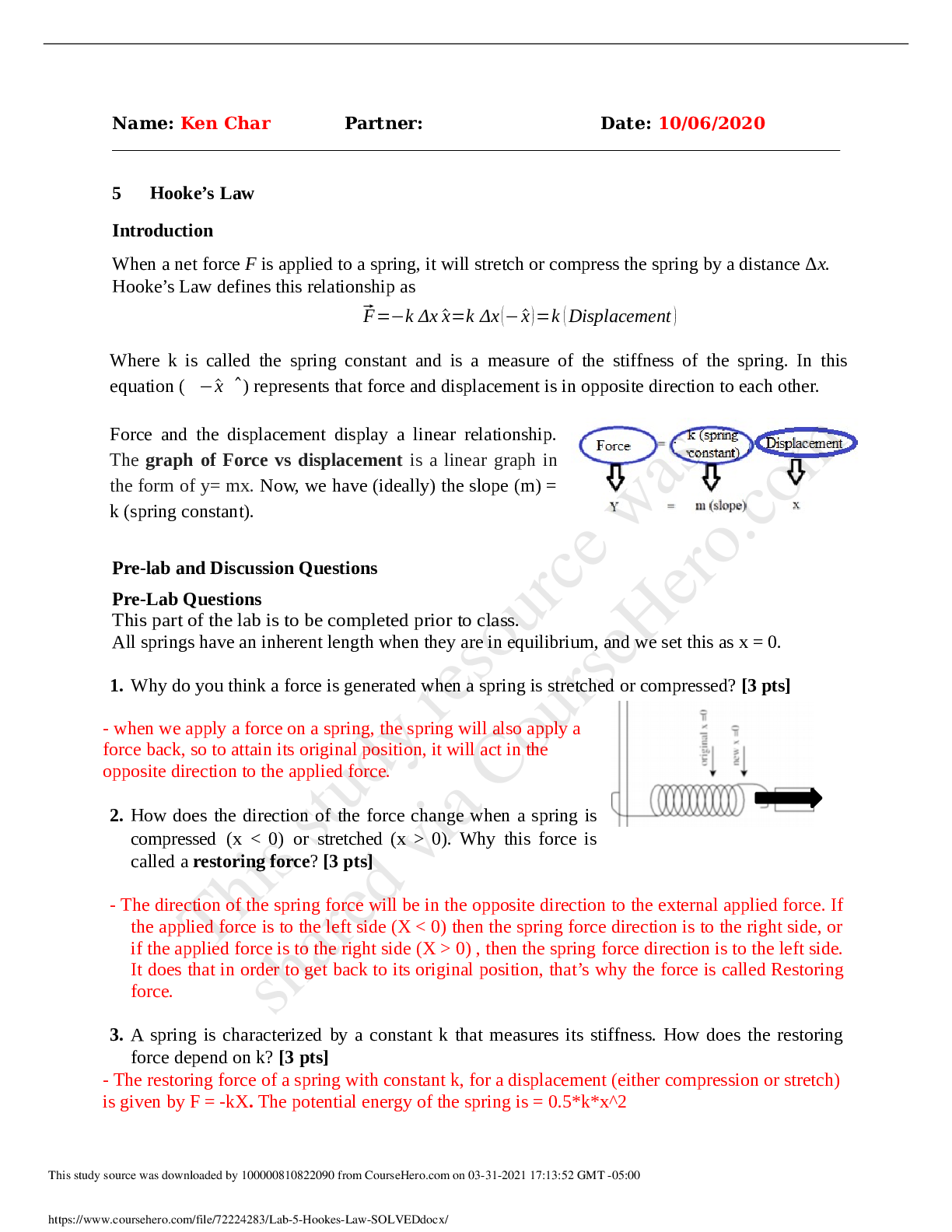 PHYSICS 201Lab 5_ Hookes Law SOLVED. Solution-Working Included ...